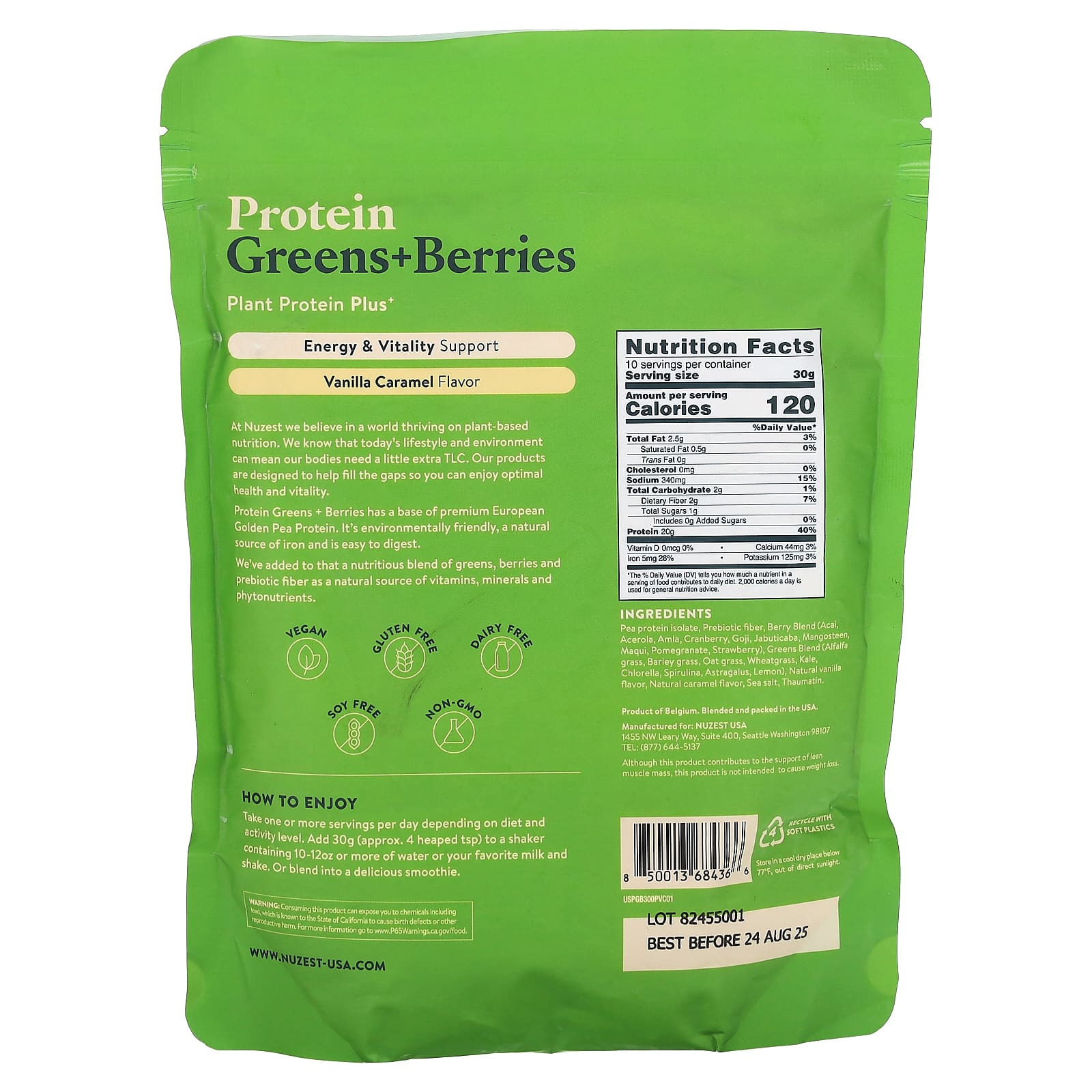 Nuzest, Protein Greens + Berries, Vanilla Caramel, 10.6 oz (300 g)