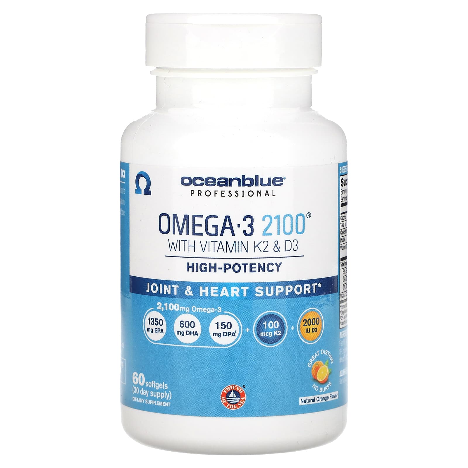 OceanBlue, Professional, Omega-3 2100 With Vitamin K2 & D3, High-Potency, Natural Orange, 60 ...
