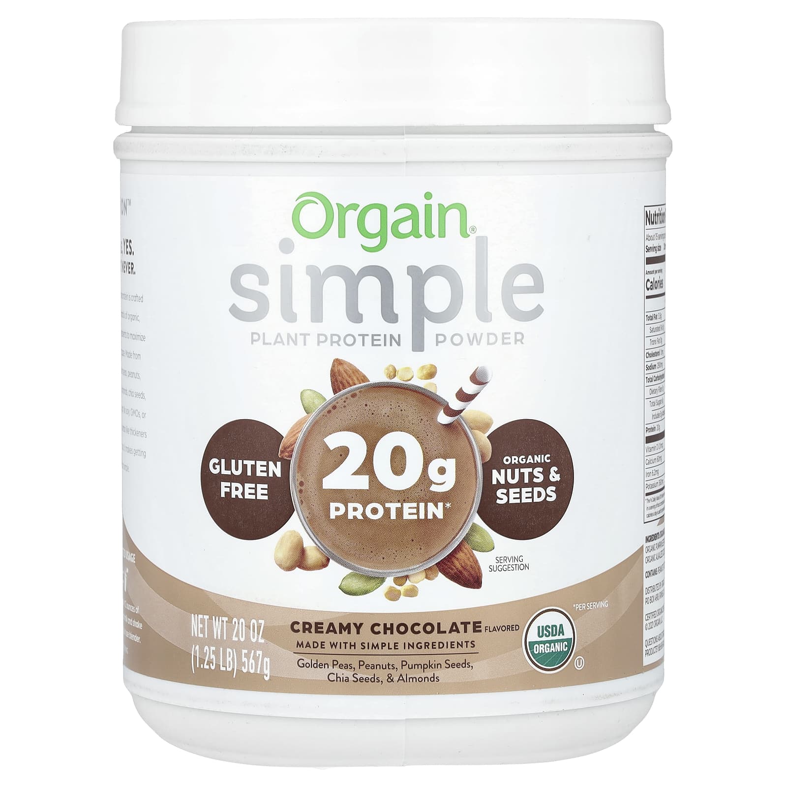Orgain, Simple, Plant Protein Powder, Creamy Chocolate, 1.25 lb (567 g)