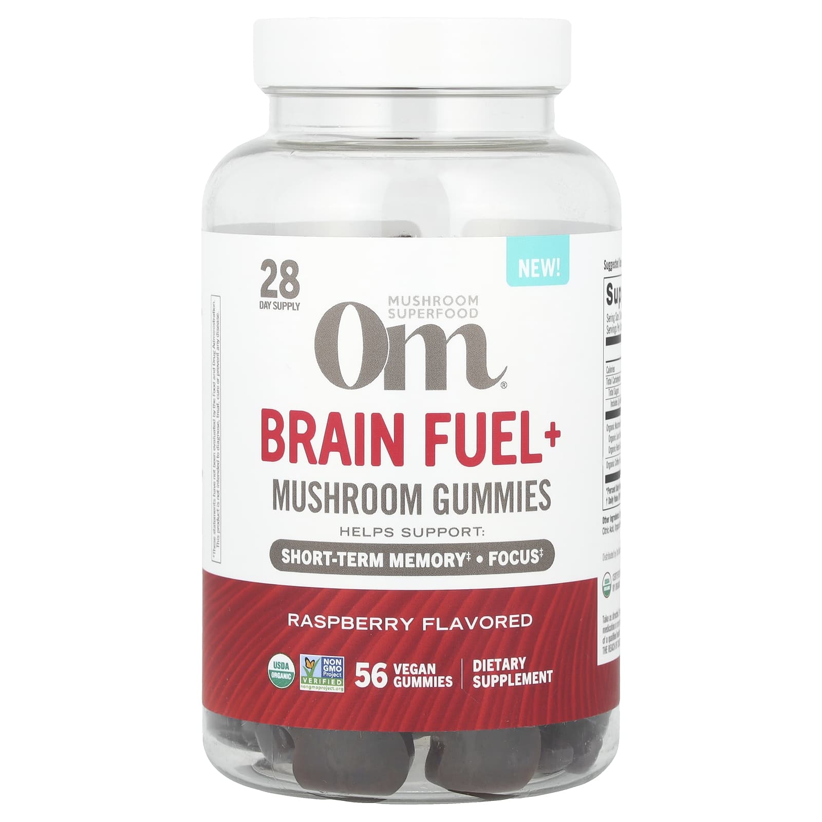 Om Mushrooms, Brain Fuel+ Mushroom Gummies, Raspberry , 56 Vegan Gummies