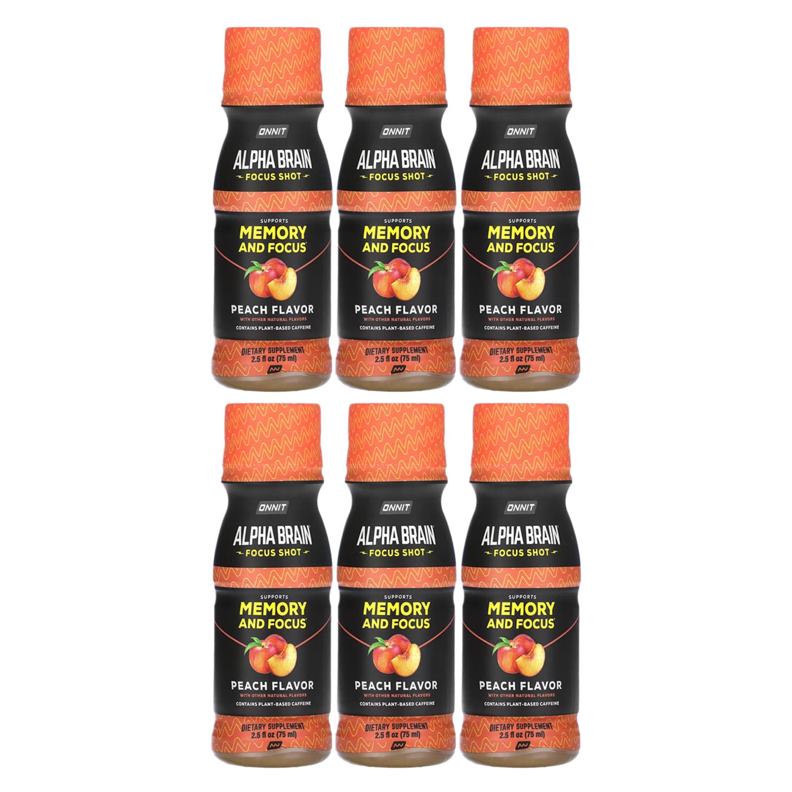Onnit, Alpha Brain Focus Shot, Peach, 6 Bottles, 2.5 fl oz (75 ml) Each