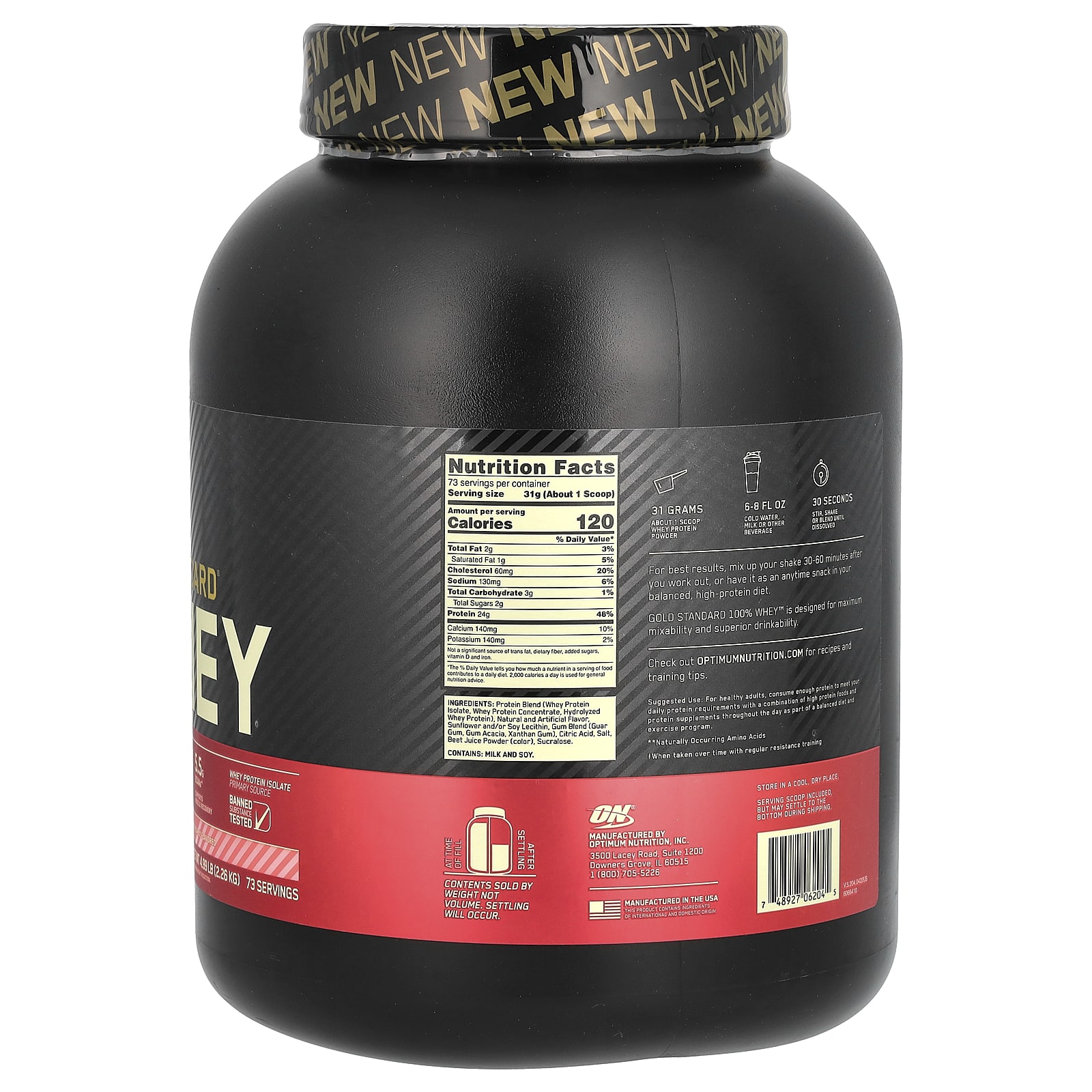 Optimum Nutrition, Gold Standard 100% Whey, 스트로베리 & 크림, 2.26kg(4.98lbs)