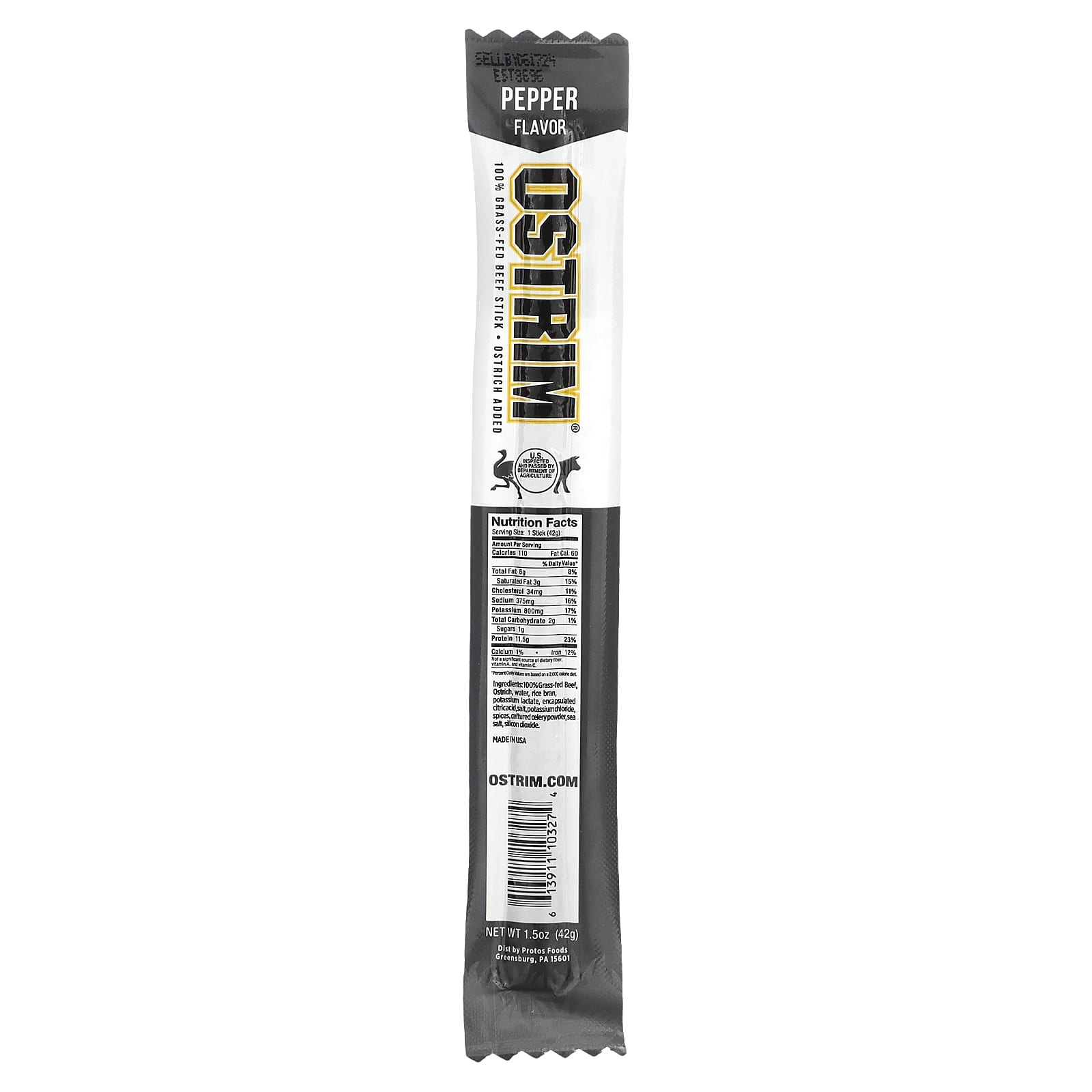 Ostrim, 100% Grass-Fed Beef Stick, Ostrich Added, Pepper, 1 Stick, 1.5 ...