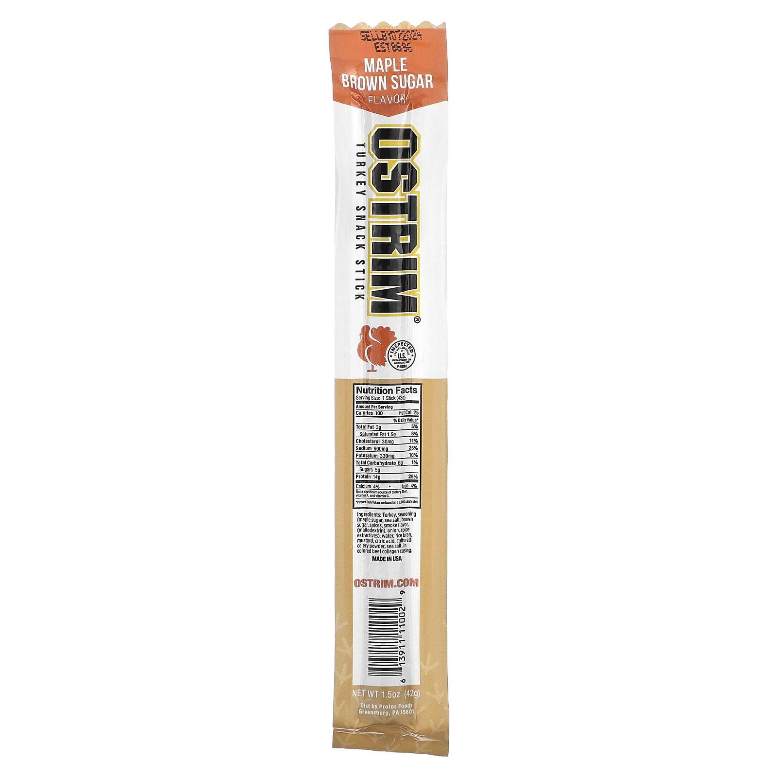 Ostrim, Turkey Snack Stick, Maple Brown Sugar, 1 Stick, 1.5 oz (42 g)