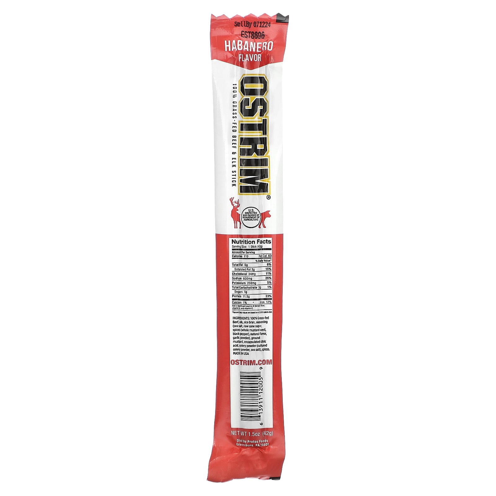 Ostrim, 100% Grass-Fed Beef & Elk Stick, Habanero, 1 Stick, 1.5 oz (42 g)