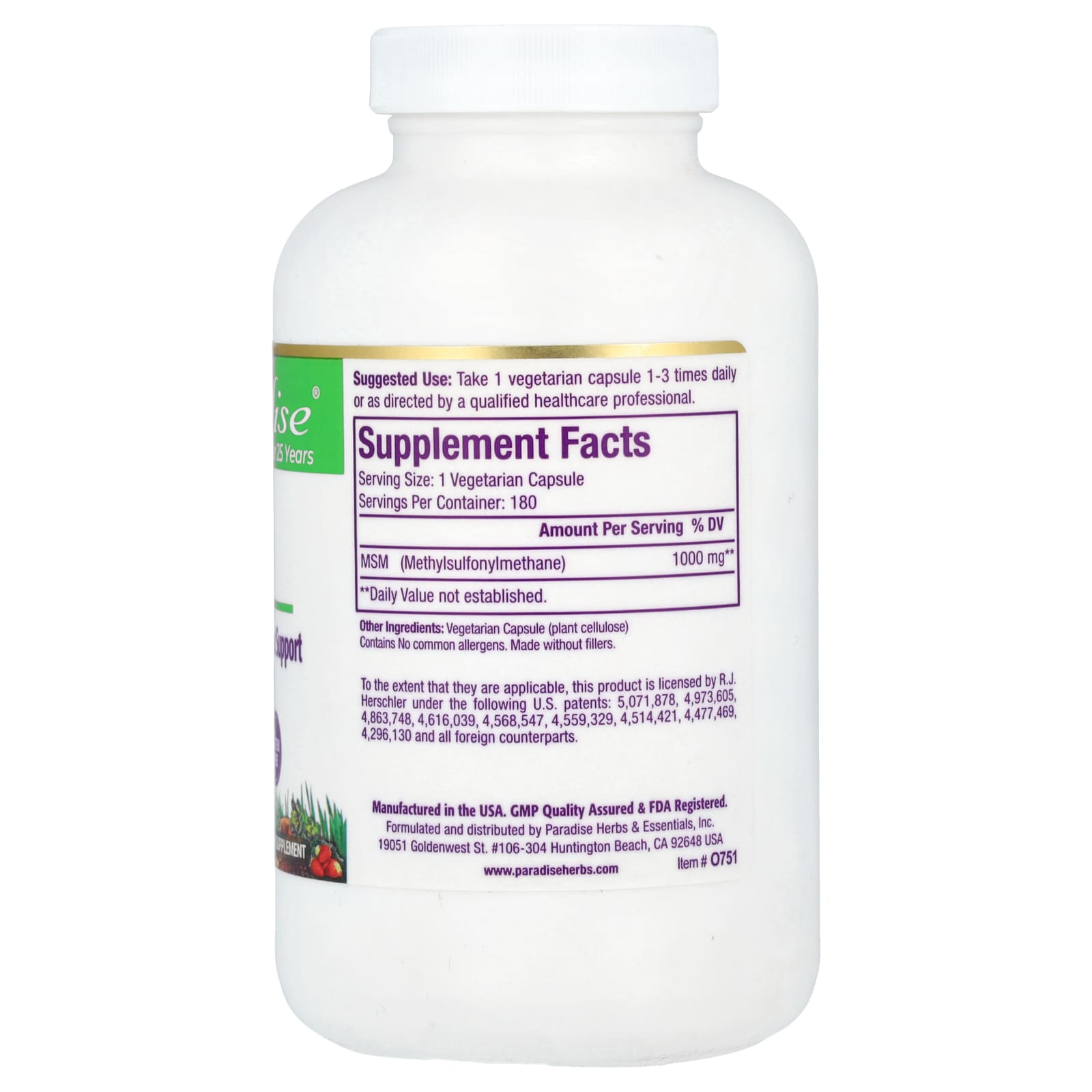 Paradise Herbs, MSM, 1,000mg, 식물성 캡슐 180정