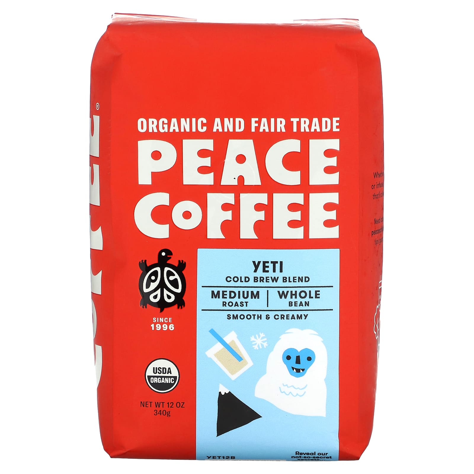 Peace Coffee, オーガニックイエティ、低温抽出ブレンド、コーヒー豆、ミディアムロースト、340g（12オンス）