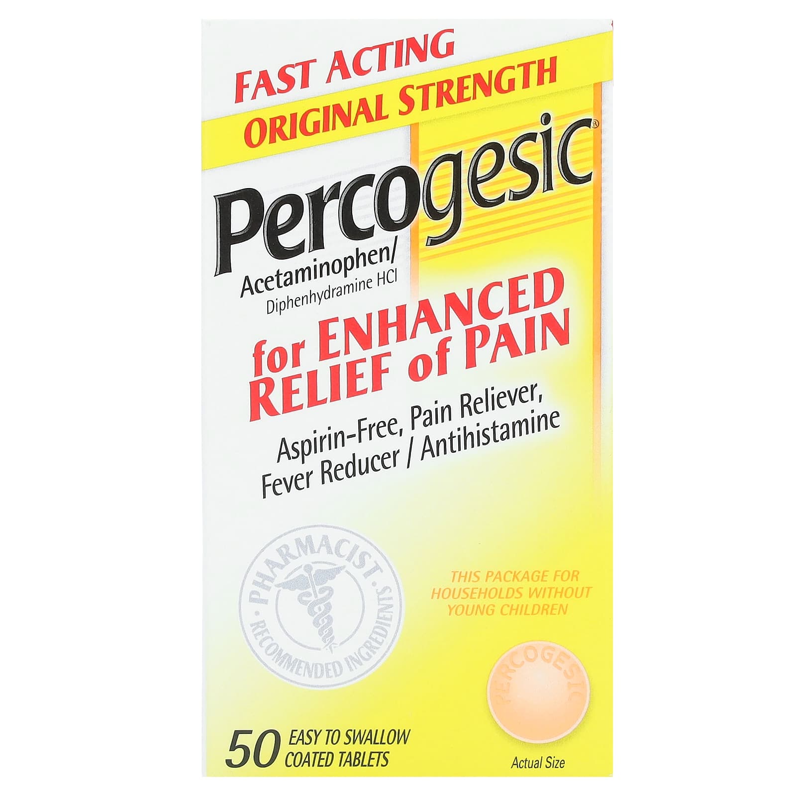 Percogesic, Acetaminophen/Diphenhydramine HCl, Original Strength, 50 ...