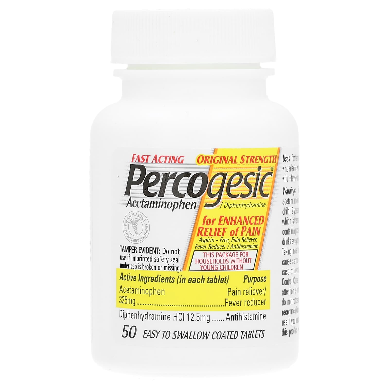 Percogesic, Acetaminophen/Diphenhydramine HCl, Original Strength, 50 ...