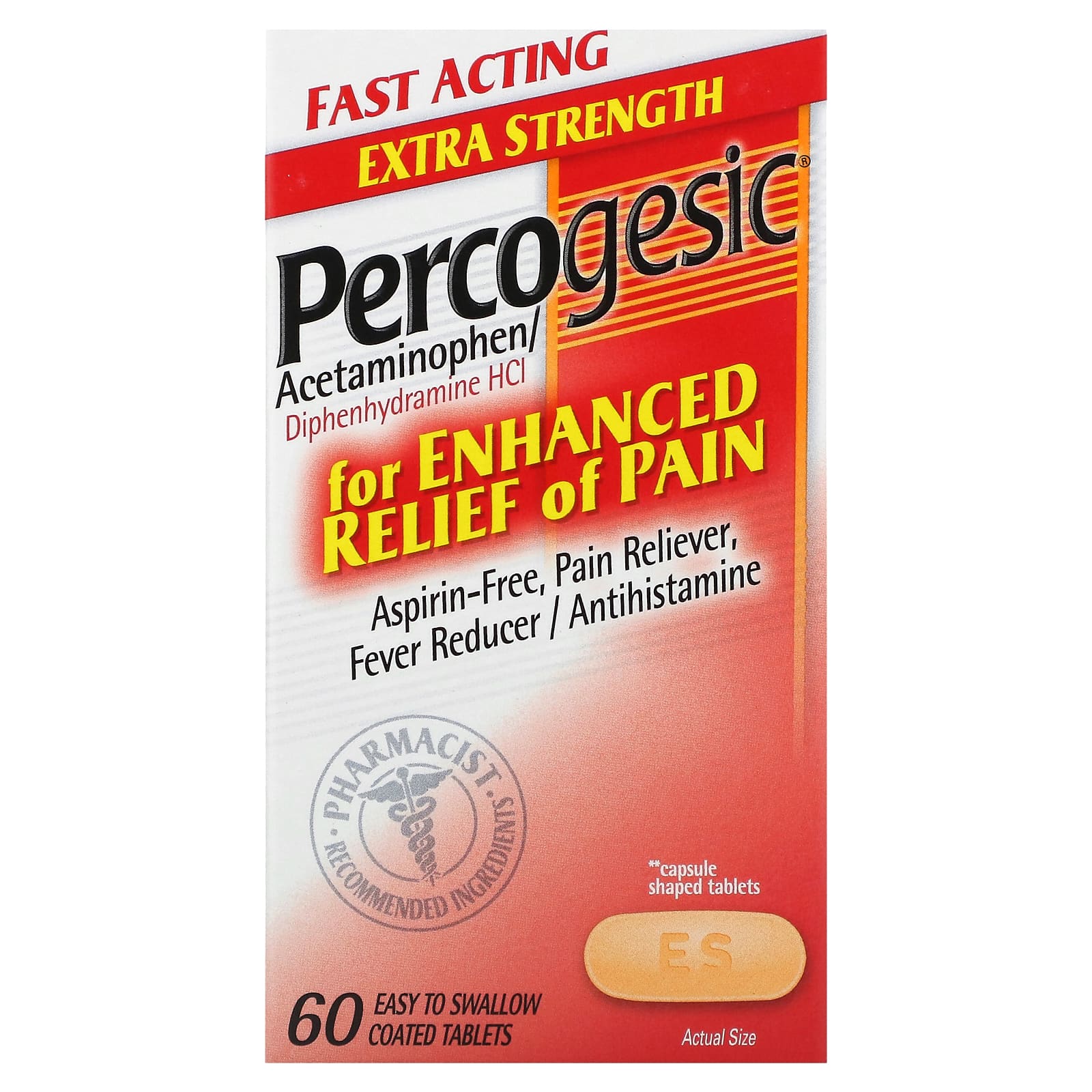 Percogesic, Acetaminophen/Diphenhydramine HCl, Extra Strength, 60 Easy ...