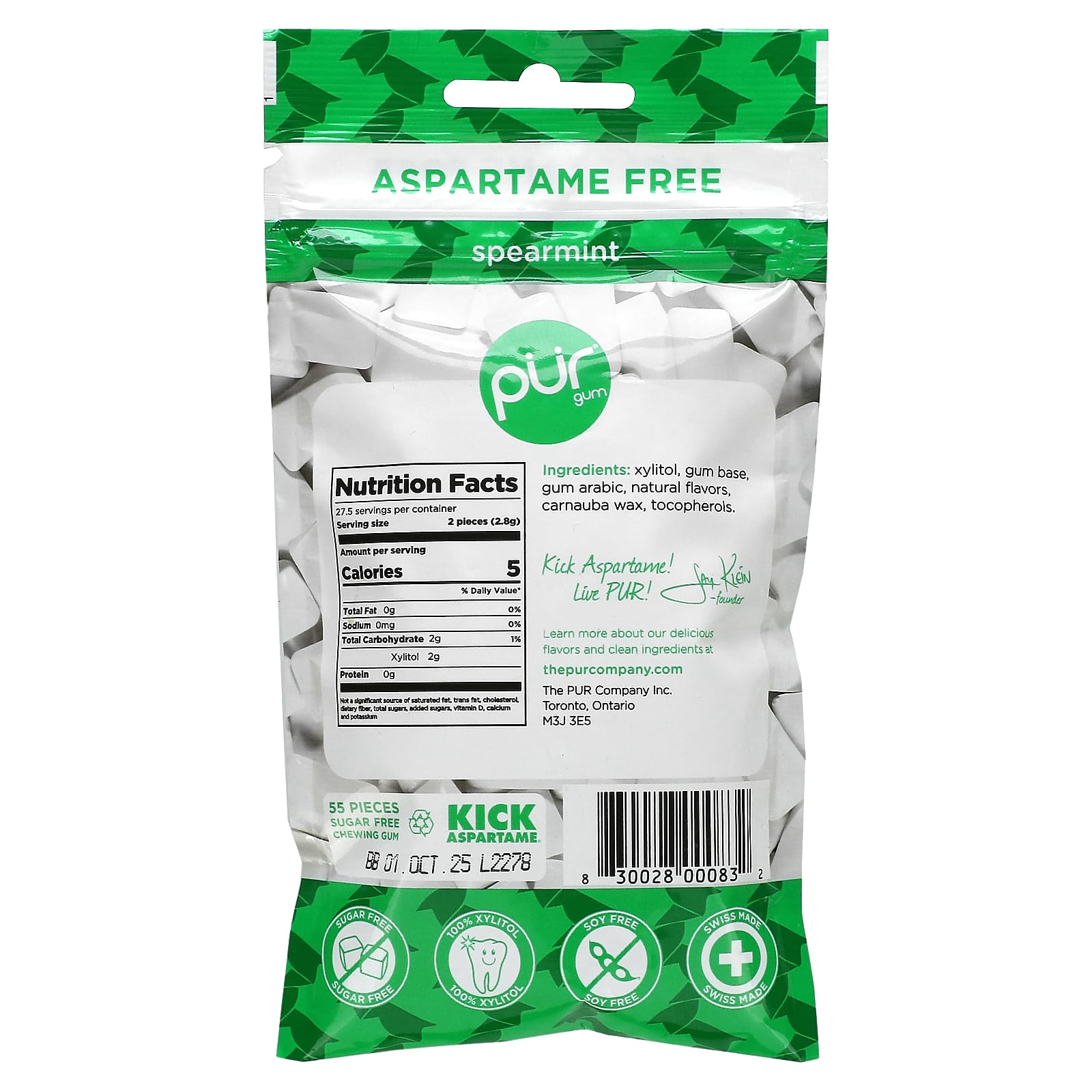 The PUR Company, Chewing Gum, Spearmint, 55 Pieces, 2.72 oz (77 g)