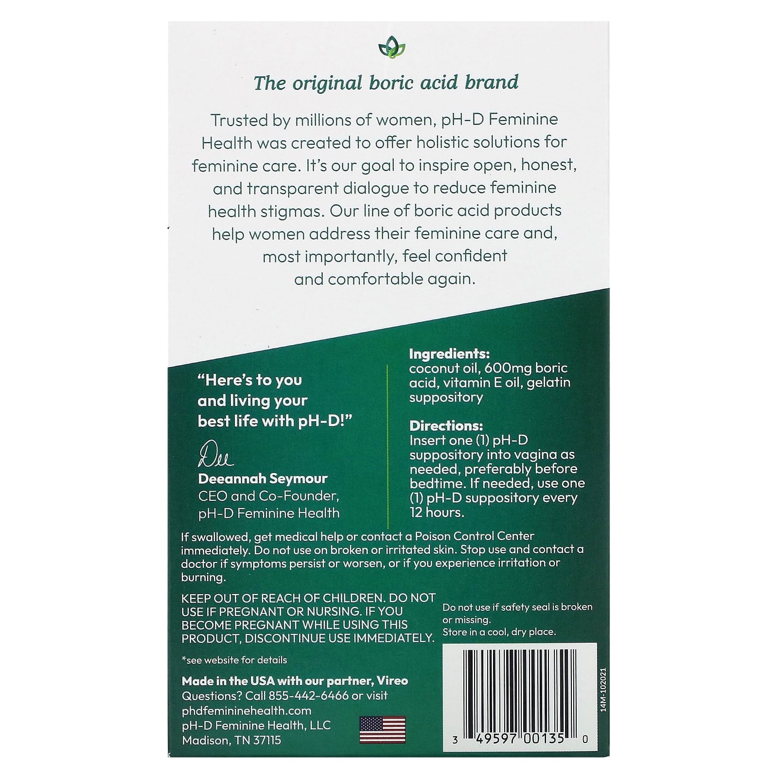 pH-D Feminine Health, Boric Acid, Vaginal Suppositories, 600 mg, 14 count