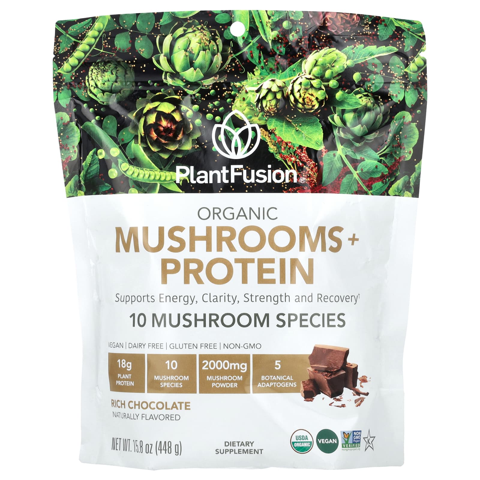 PlantFusion, Organic Mushrooms + Protein, Bio-Pilze + Protein, reichhaltige Schokolade, 448 g ...