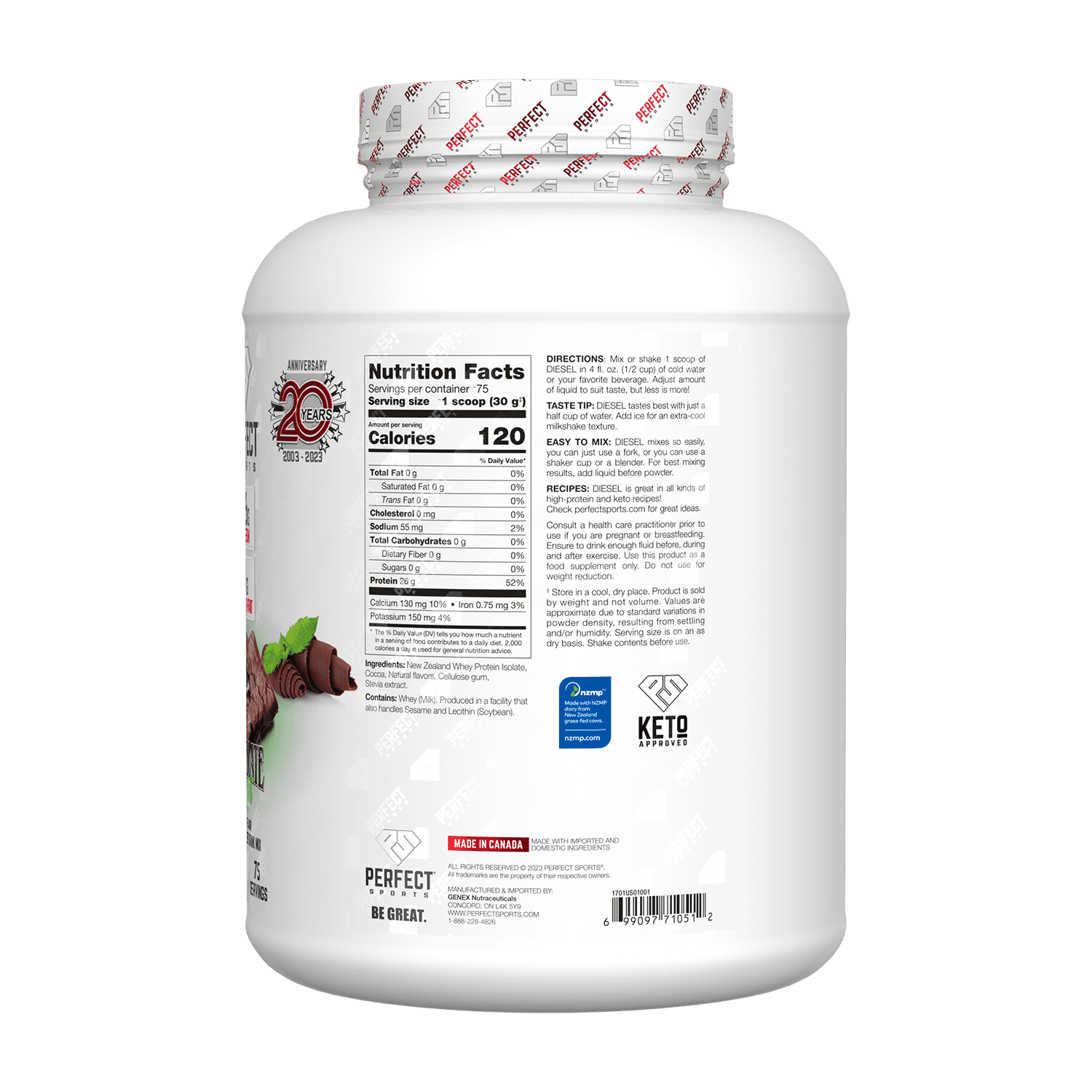 PERFECT Sports, Diesel, New Zealand Whey Isolate, Chocolate Mint, 5 lbs ...