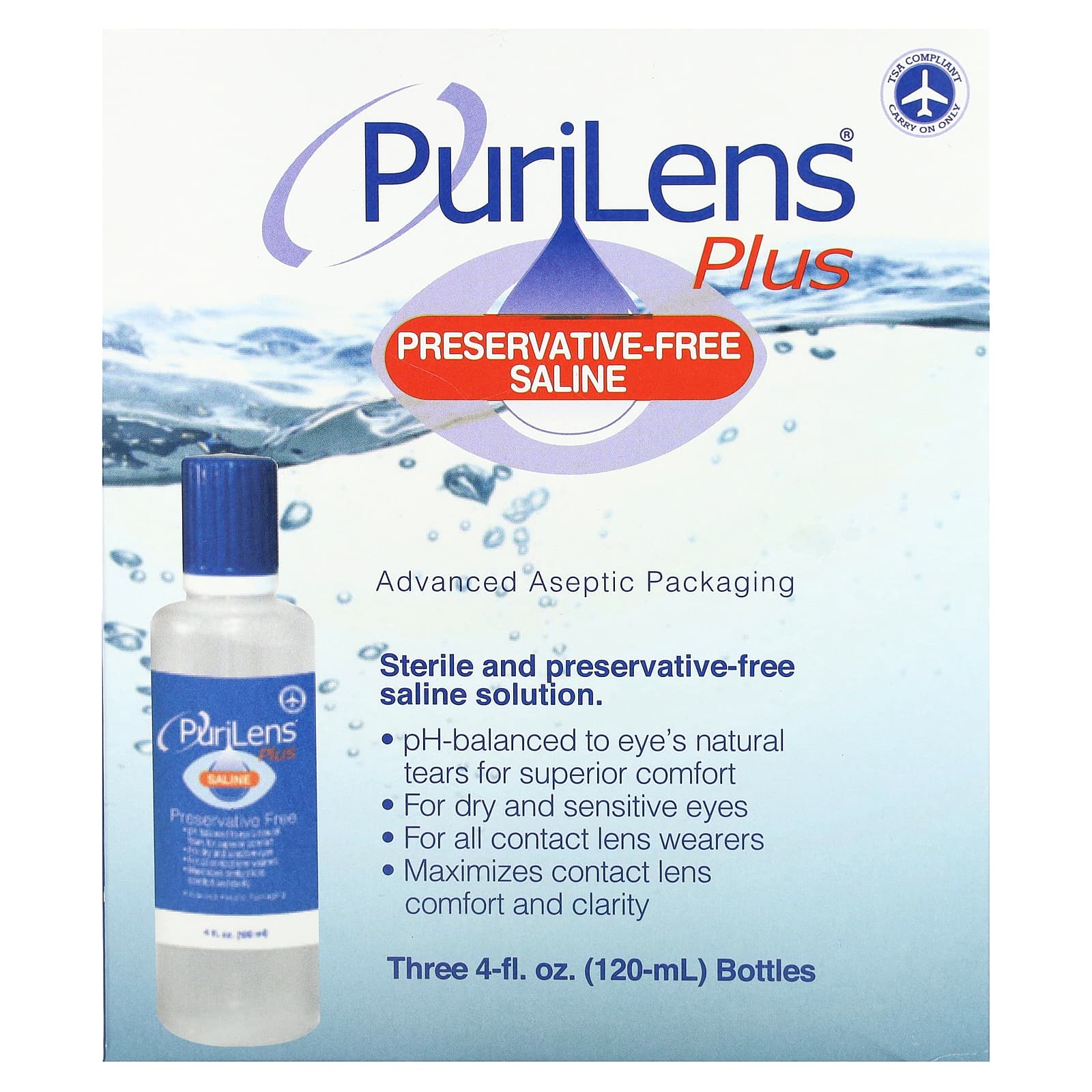 Purilens, Plus Preservative-Free Saline, 3 Bottles, 4 fl oz (120 ml) Each