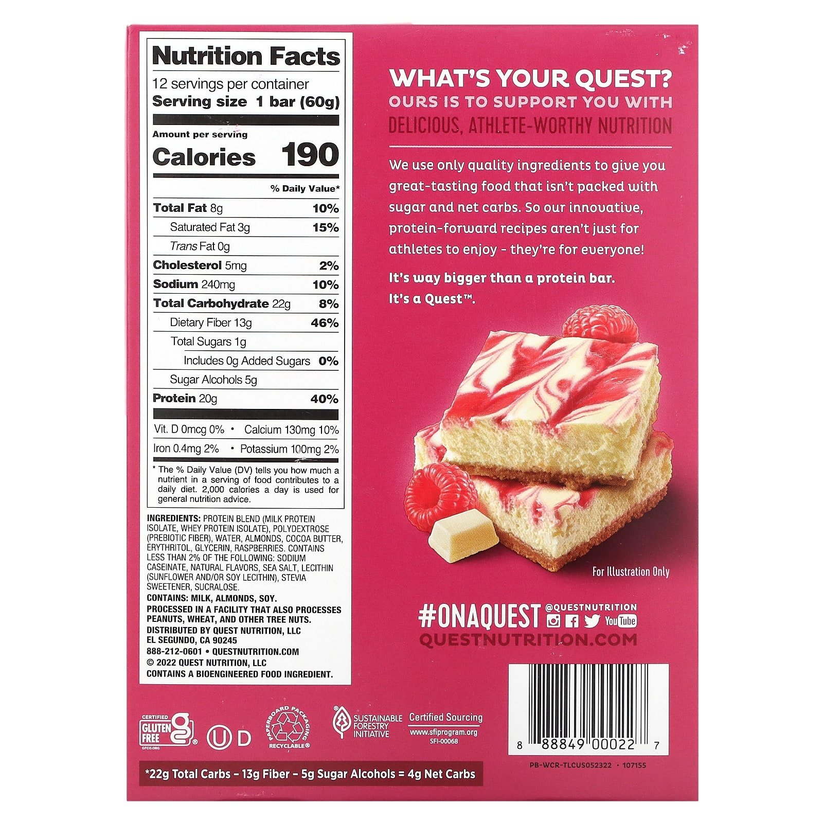 Quest Nutrition, Protein Bar, White Chocolate Raspberry, 12 Bars, 2.12 ...