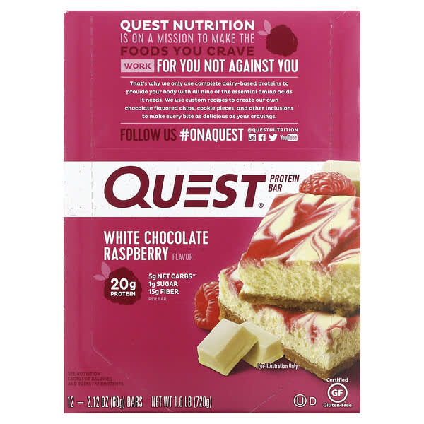 Quest Nutrition, Protein Bar, White Chocolate Raspberry, 12 Bars, 2.12 ...