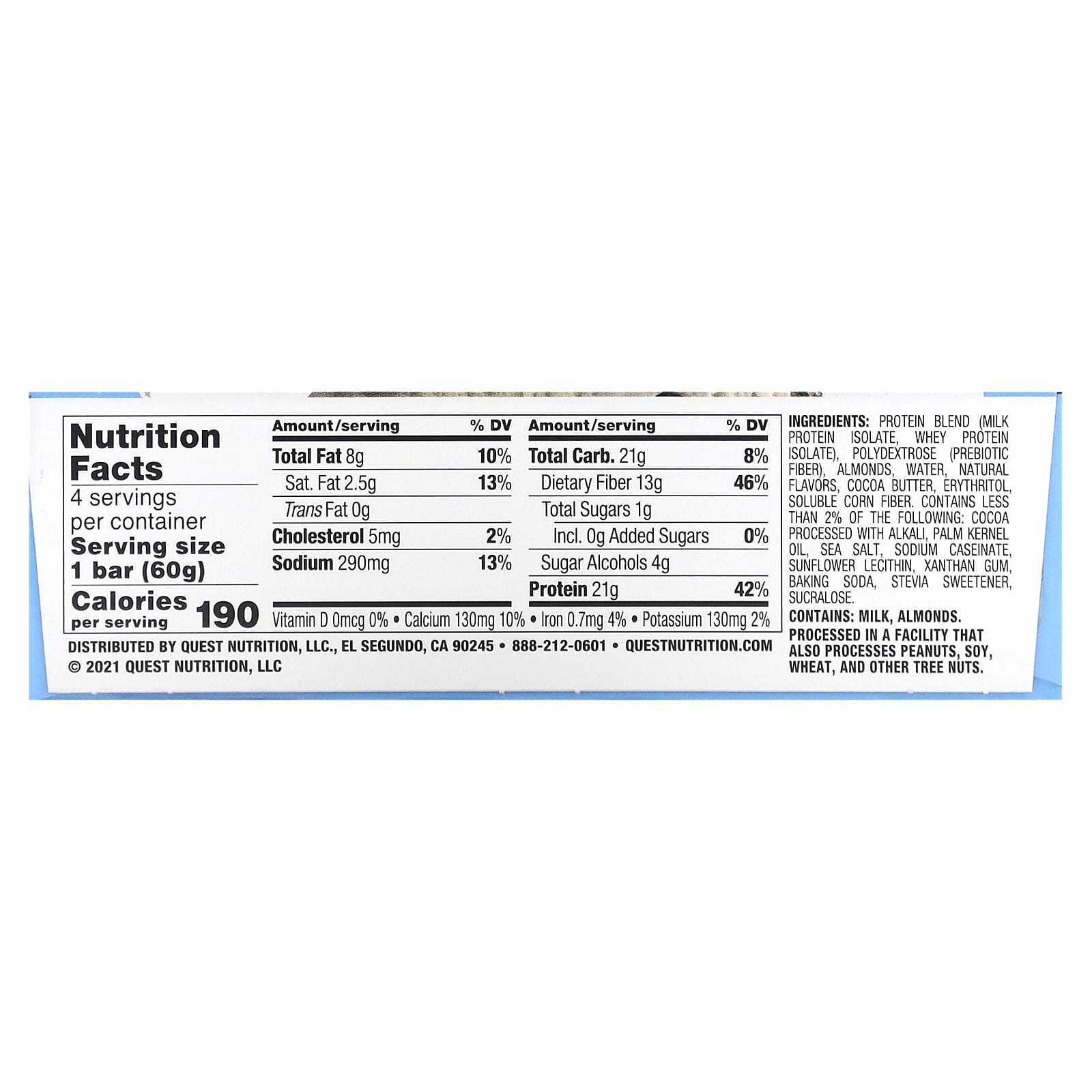 Quest Nutrition, Protein Bar, Cookies & Cream, 4 Bars, 2.12 oz (60 g) Each