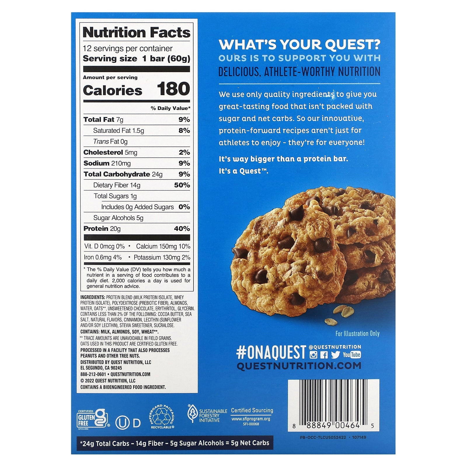 Quest Nutrition, Protein Bar, Oatmeal Chocolate Chip, 12 Bars, 2.12 oz ...