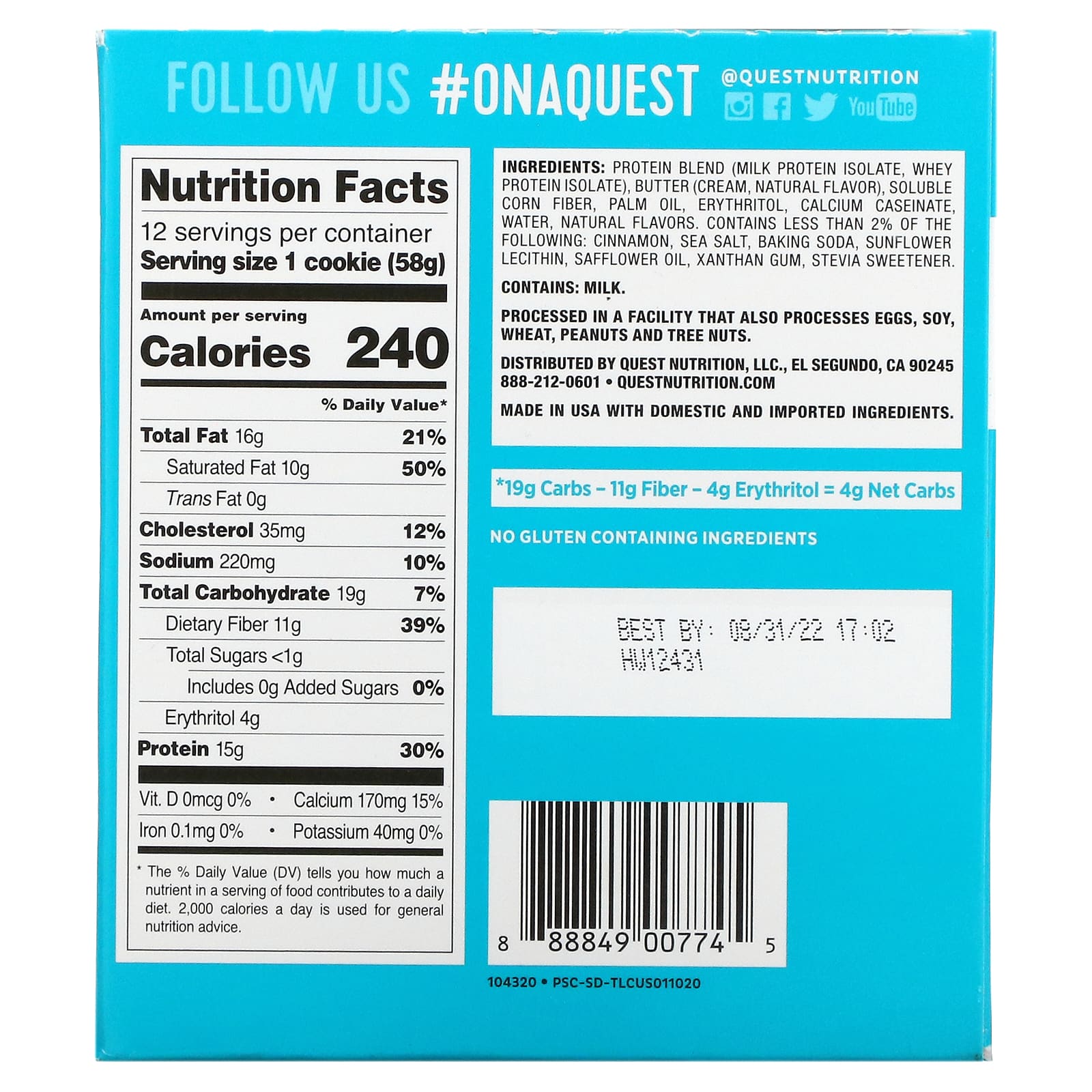 Quest Nutrition, Protein Cookie, Snickerdoodle, 12 Cookies, 2.04 oz (58 ...
