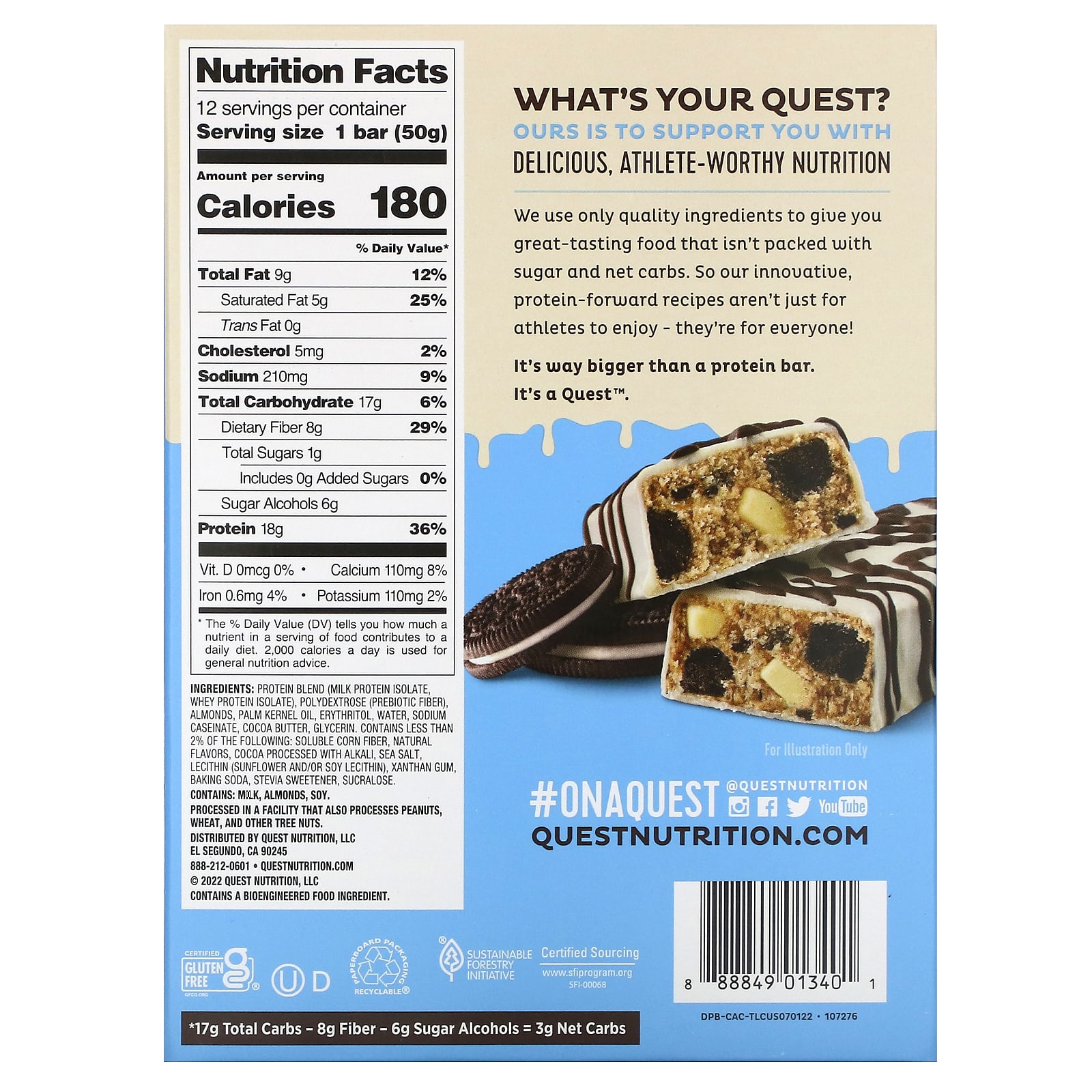 Quest Nutrition, Protein Bar, Dipped Cookies & Cream, 12 Bars, 1.76 oz ...