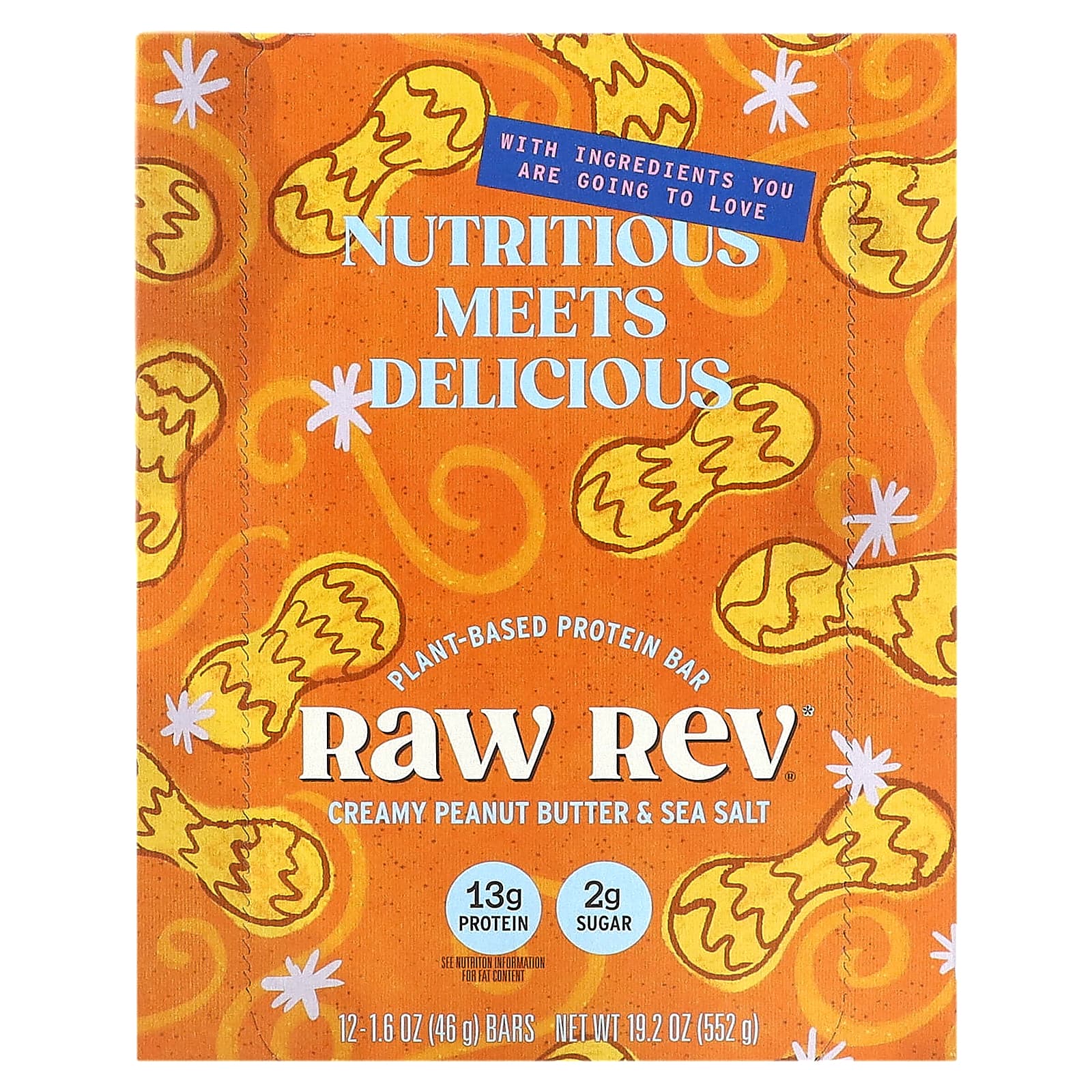 Raw Rev, Plant-Based Protein Bar, Creamy Peanut Butter & Sea Salt, 12 ...