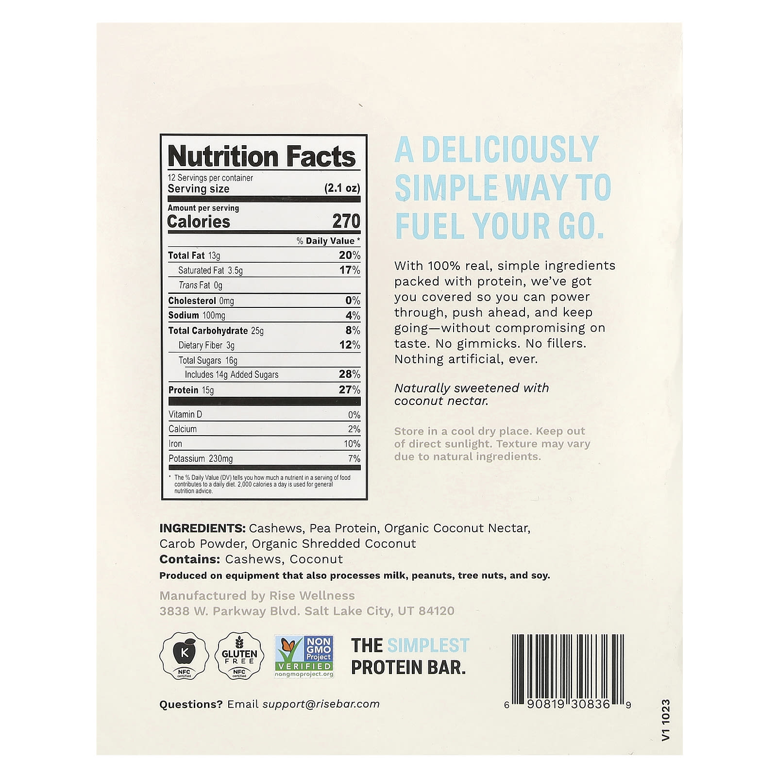 Rise Bar, Protein Bar, Vegan Chocolatey Coconut, 12 Bars, 2.1 oz (60 g ...