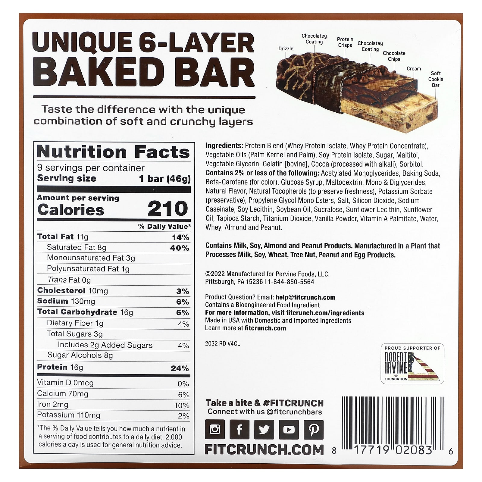 FITCRUNCH, High Protein Baked Bar, Chocolate Chip Cookie Dough, 9 Bars ...