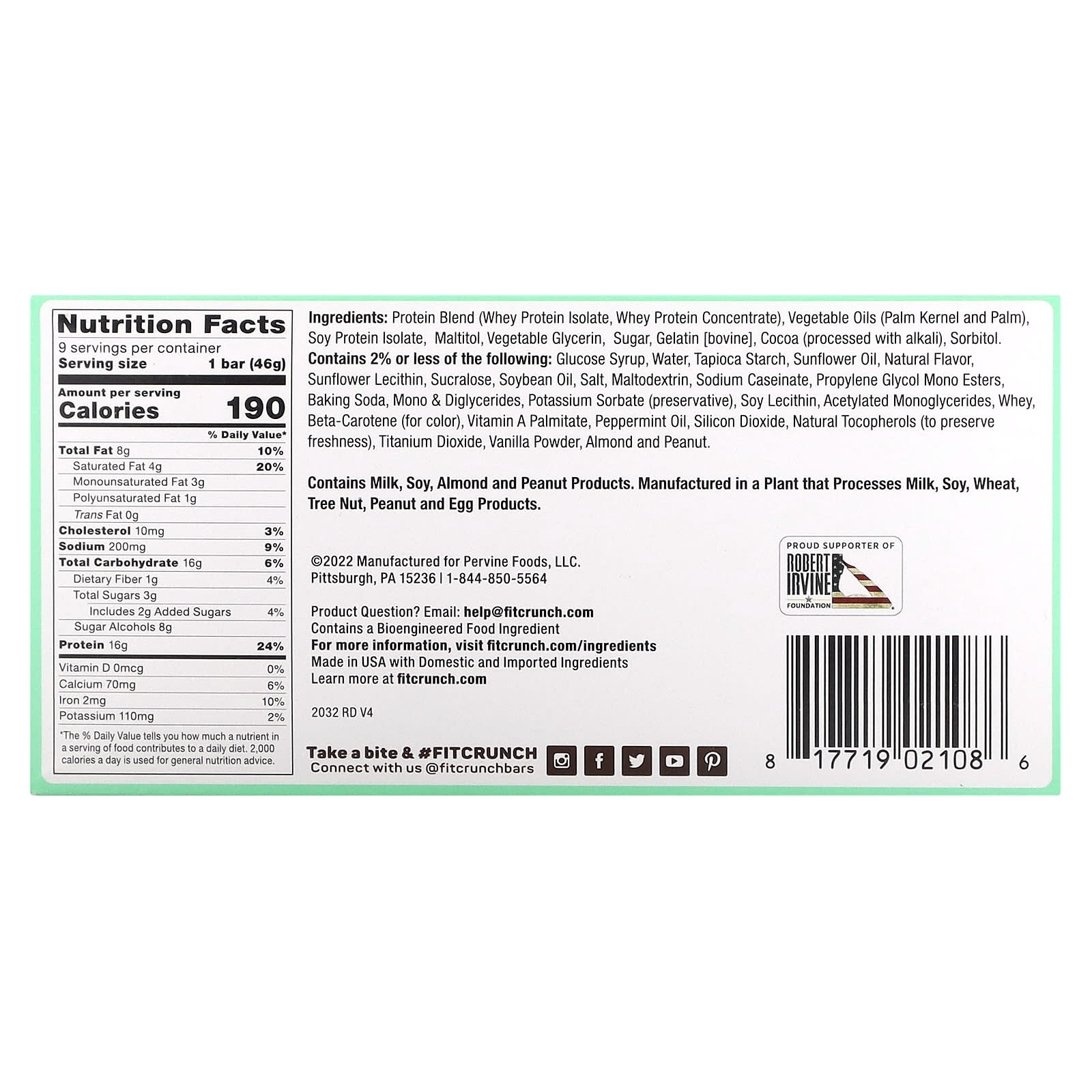 FITCRUNCH, High Protein Baked Bar, Mint Chocolate Chip, 9 Bars, 1.62 oz ...