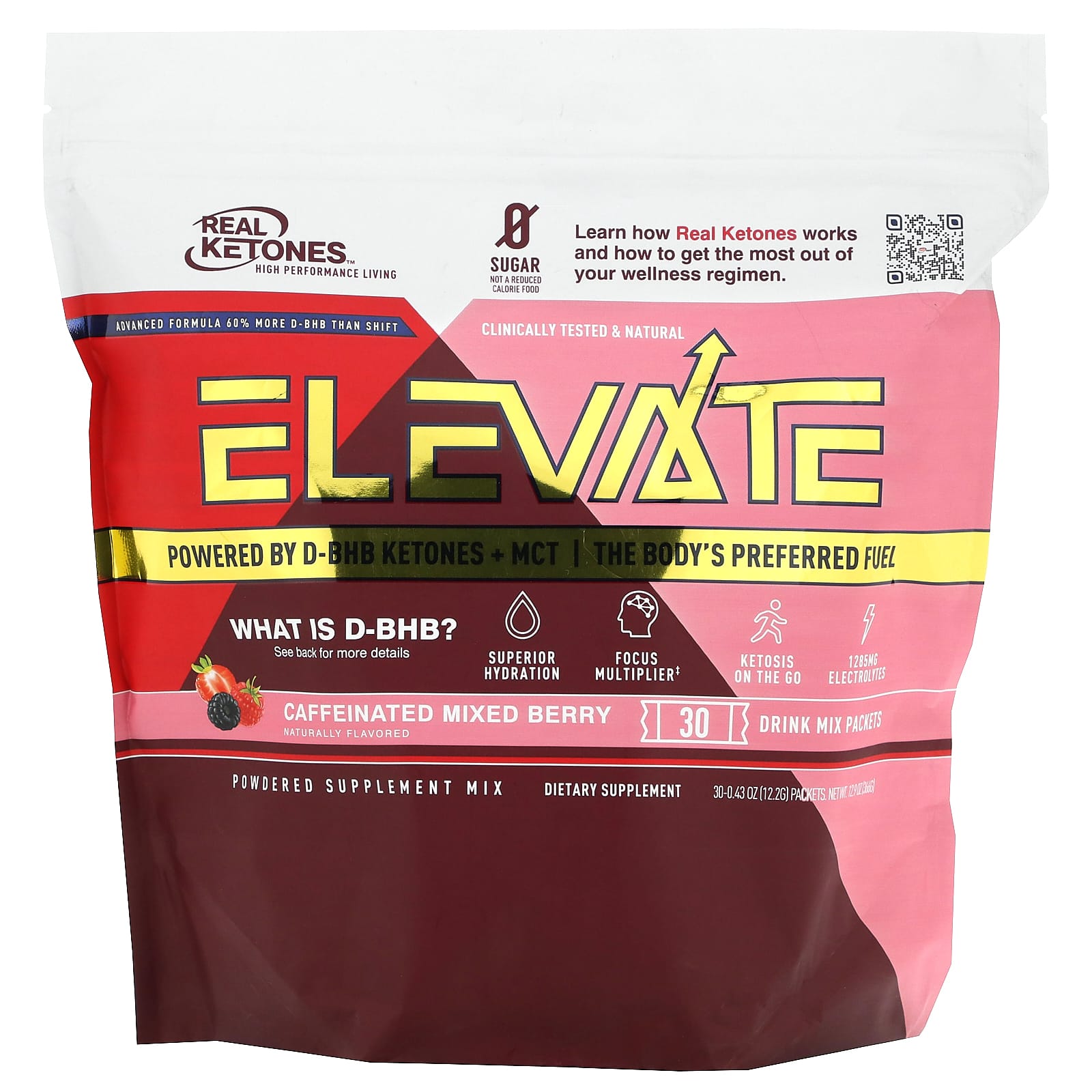 Real Ketones, Elevate, Caffeinated Mixed Berry, 30 Drink Mix Packets, 0 ...