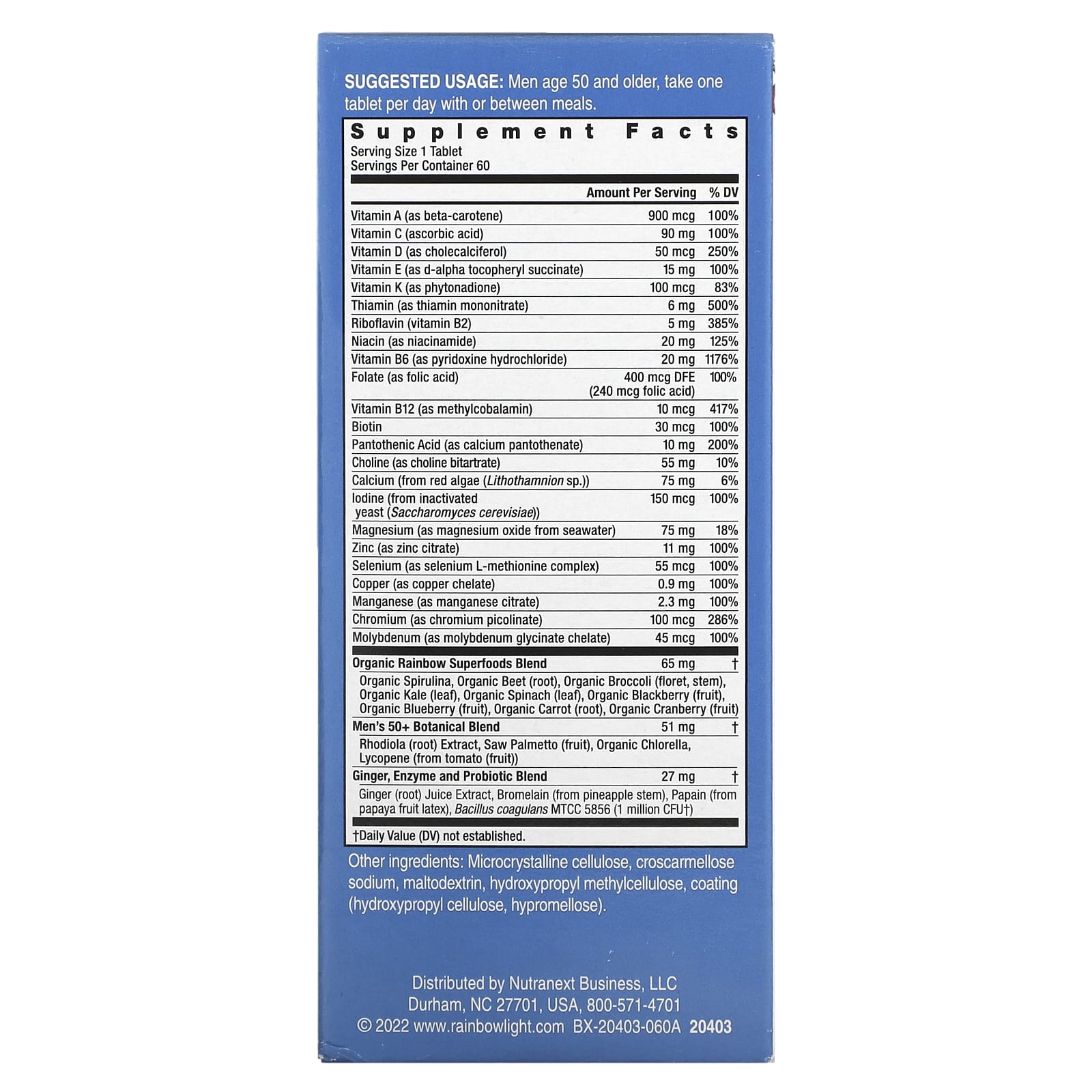Rainbow Light, Men's One 50+ Daily Multivitamin, High Potency, 60 ...