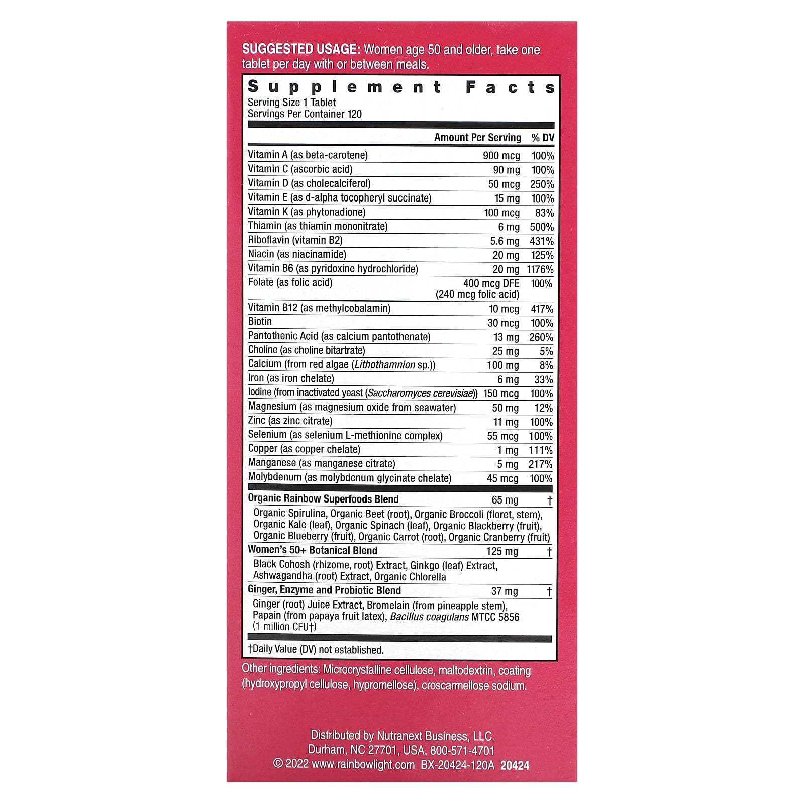 Rainbow Light, Women's One 50+, Daily Multivitamin, High Potency, 120 ...
