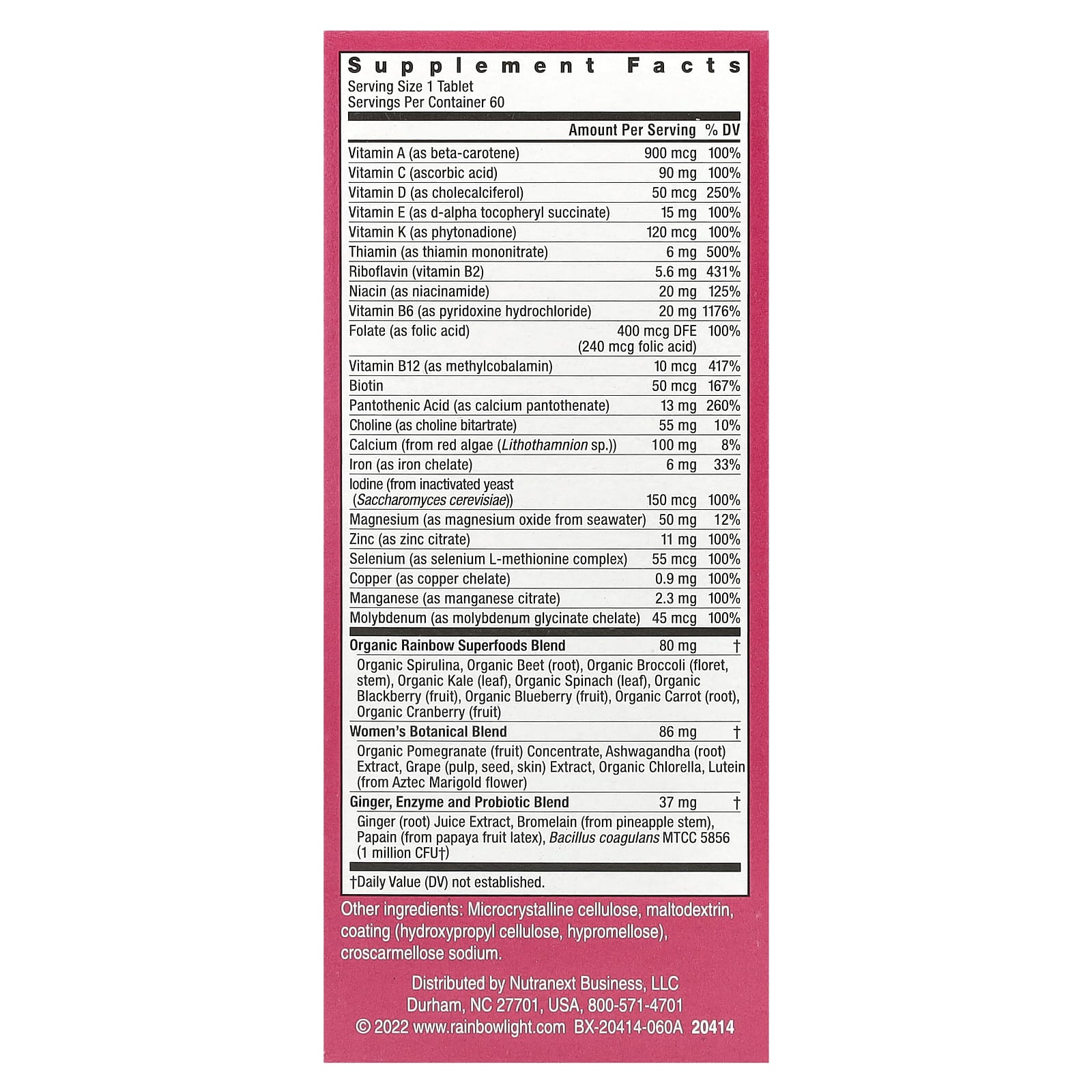 Rainbow Light, Women's One Daily Multivitamin, High Potency, 60 ...