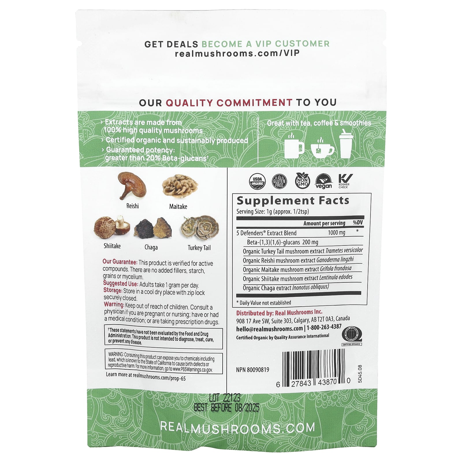 Real Mushrooms, 5 Defenders, Organic Mushroom Extract Powder, 1.59 oz ...
