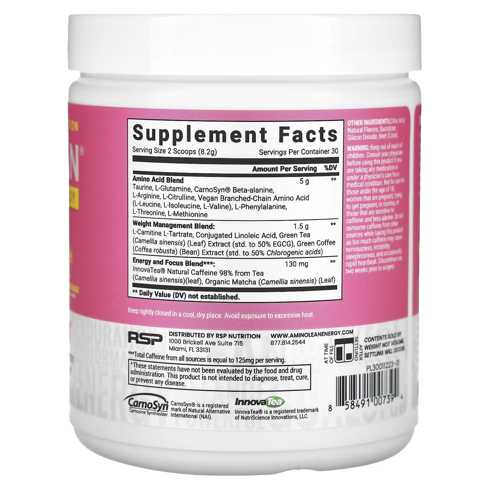 RSP Nutrition, AminoLean, Energy, Pink Lemonade, 8.68 oz (246 g)