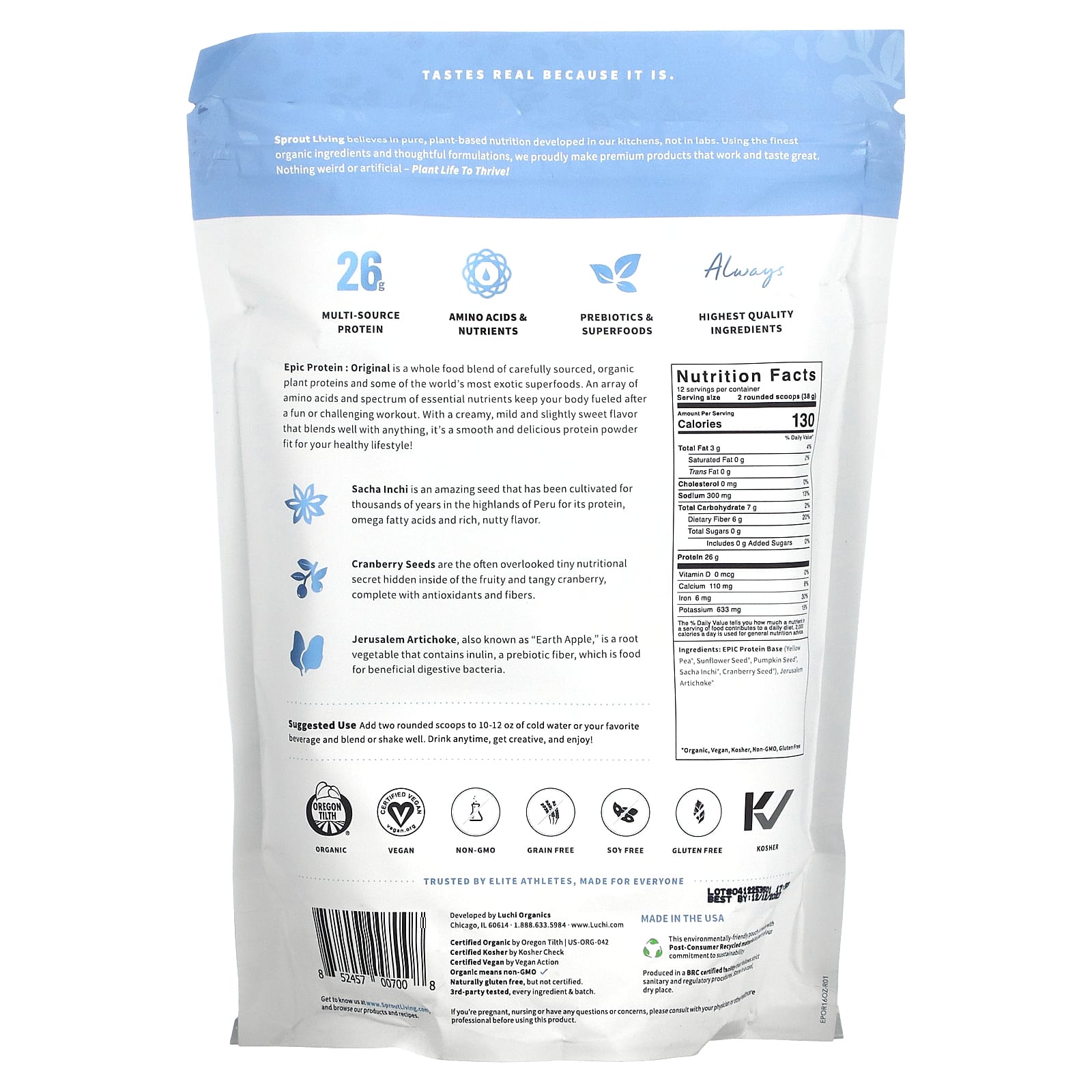 Sprout Living, Epic Protein, Organic Plant Protein + Superfoods ...