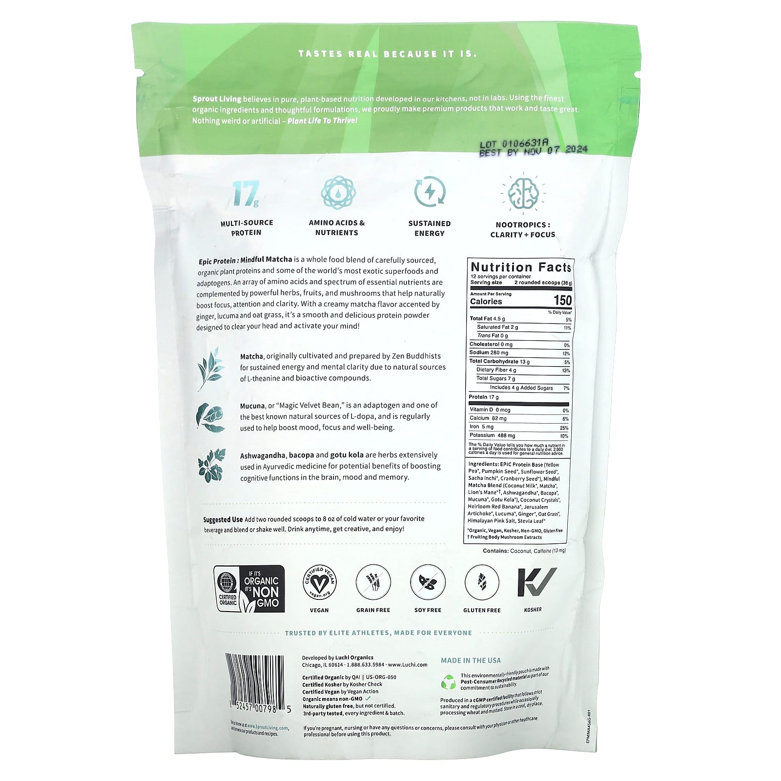 Sprout Living, Epic Protein, Mindful Matcha, 1 lb (456 g)