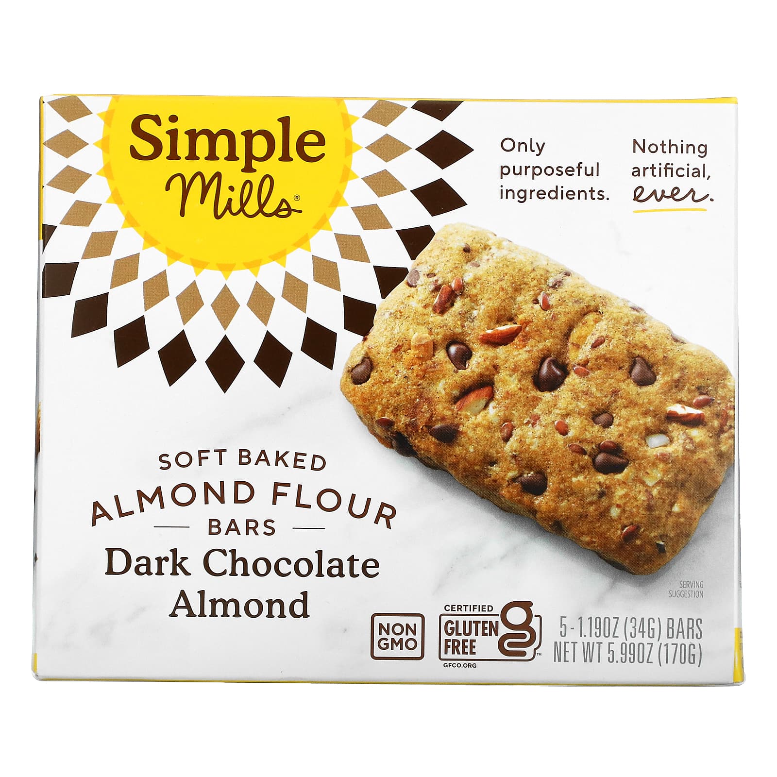 Simple Mills, Soft Baked Almond Flour Bars, Dark Chocolate Almond, 5 ...
