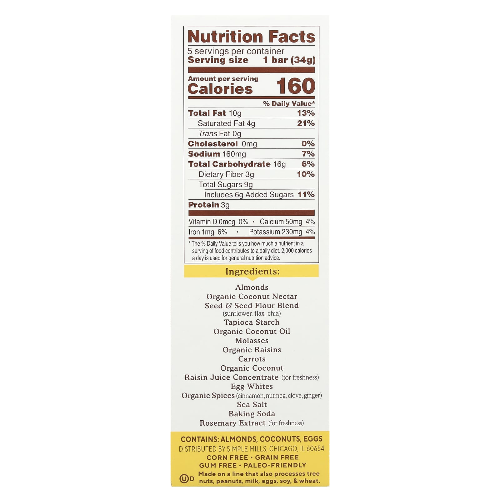 Simple Mills, Soft Baked Almond Flour Bars, Spiced Carrot Cake, 5 Bars ...