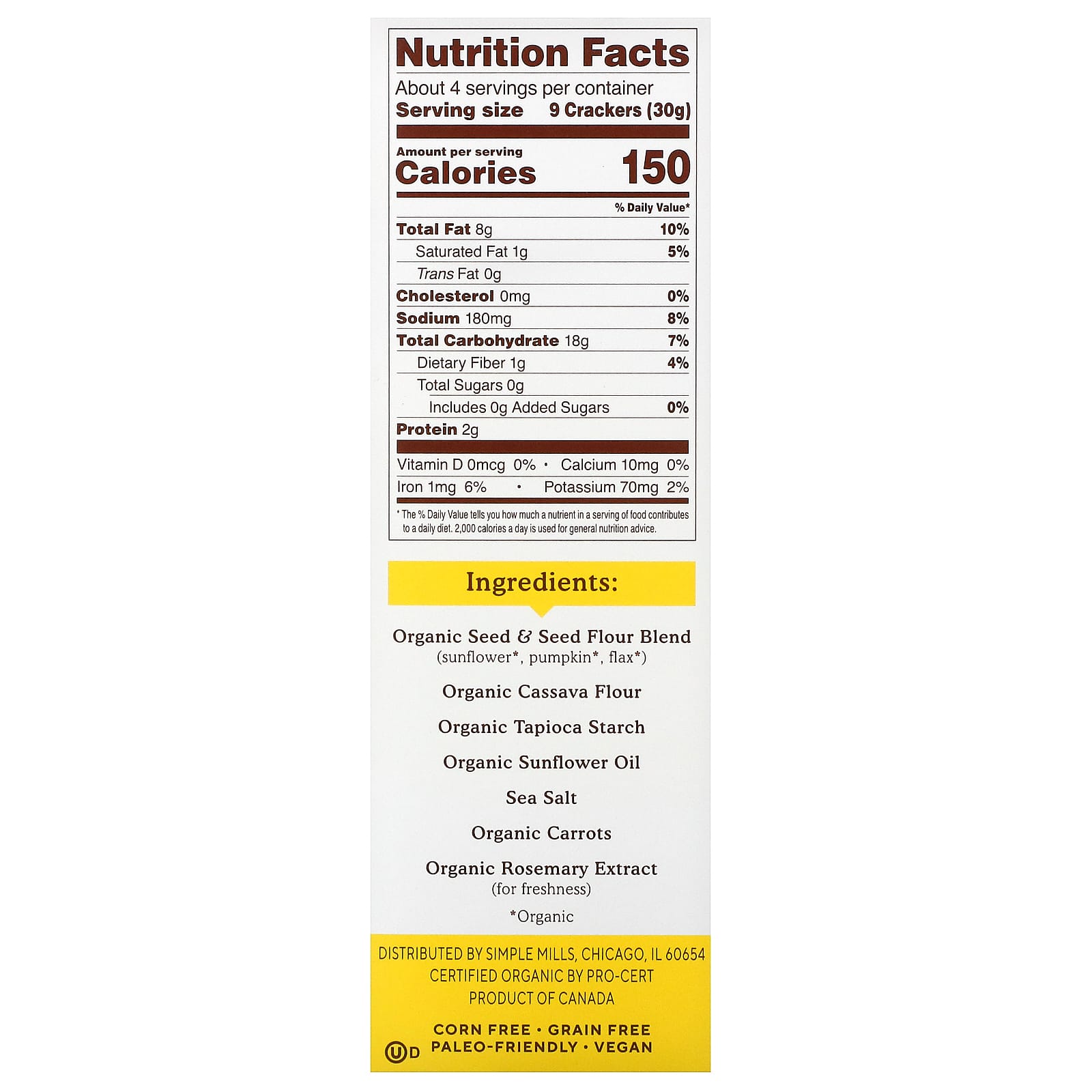 Simple Mills, Organic Seed Flour Crackers, Original, 4.25 oz (120 g)