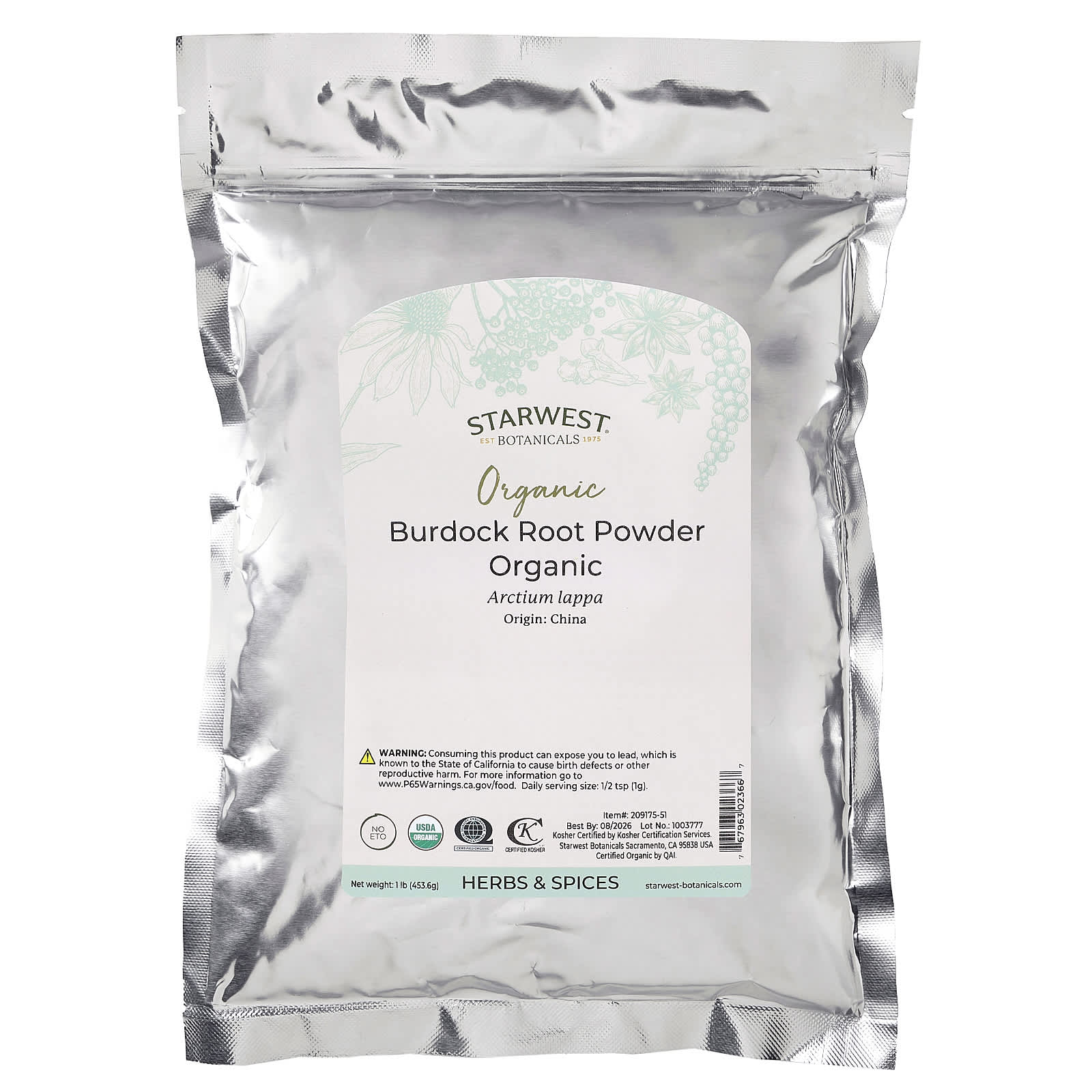 Starwest Botanicals, Organic Burdock Root Powder , 1 lb (453.6 g)