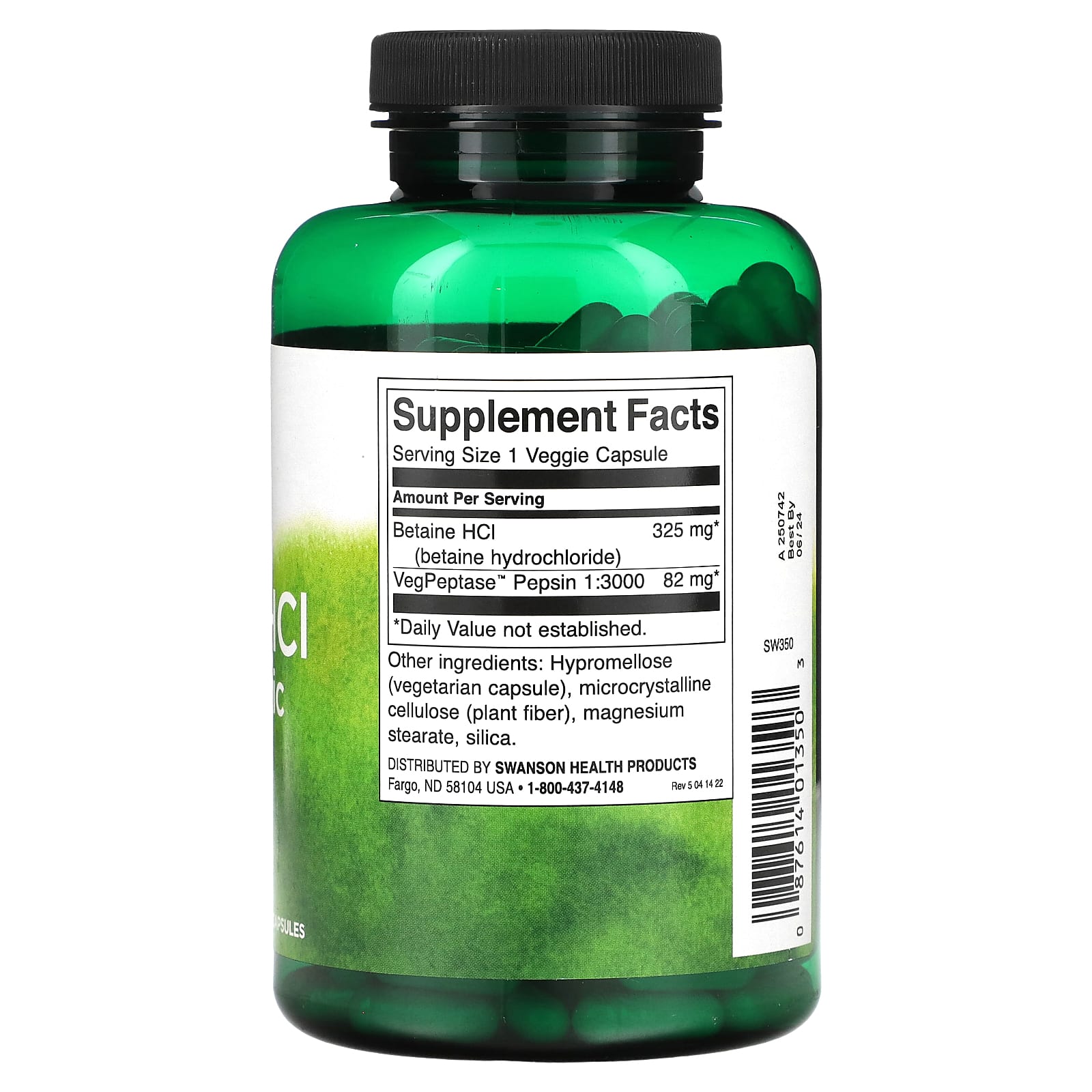 Swanson, Betaine HCl Hydrochloric Acid with VegPeptase, 250 Veggie Capsules