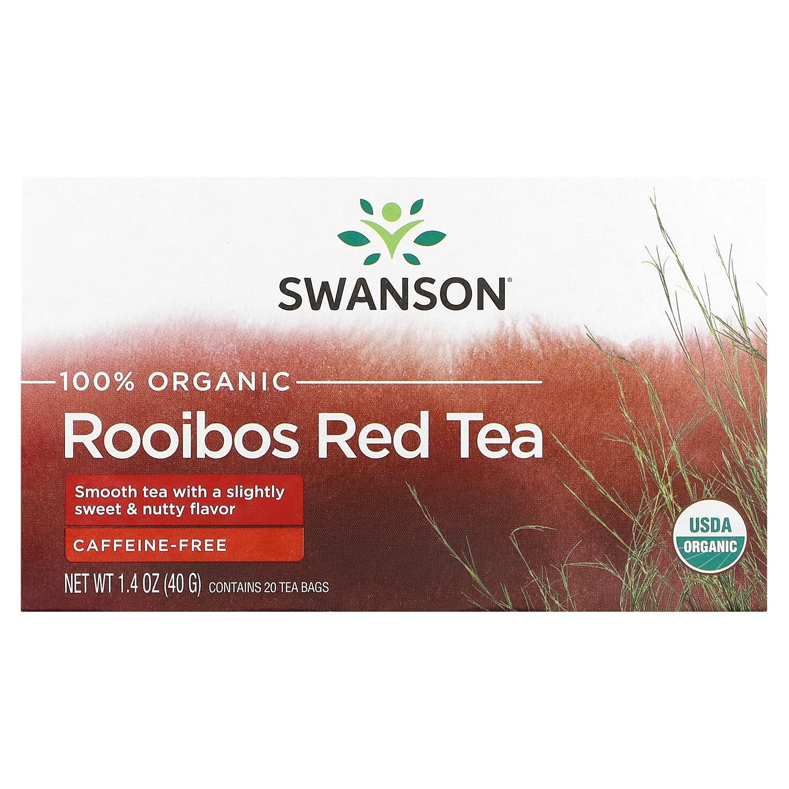 Swanson, 100% Organic Rooibos Red Tea, Caffeine-Free, 20 Tea Bags, 1.4 ...