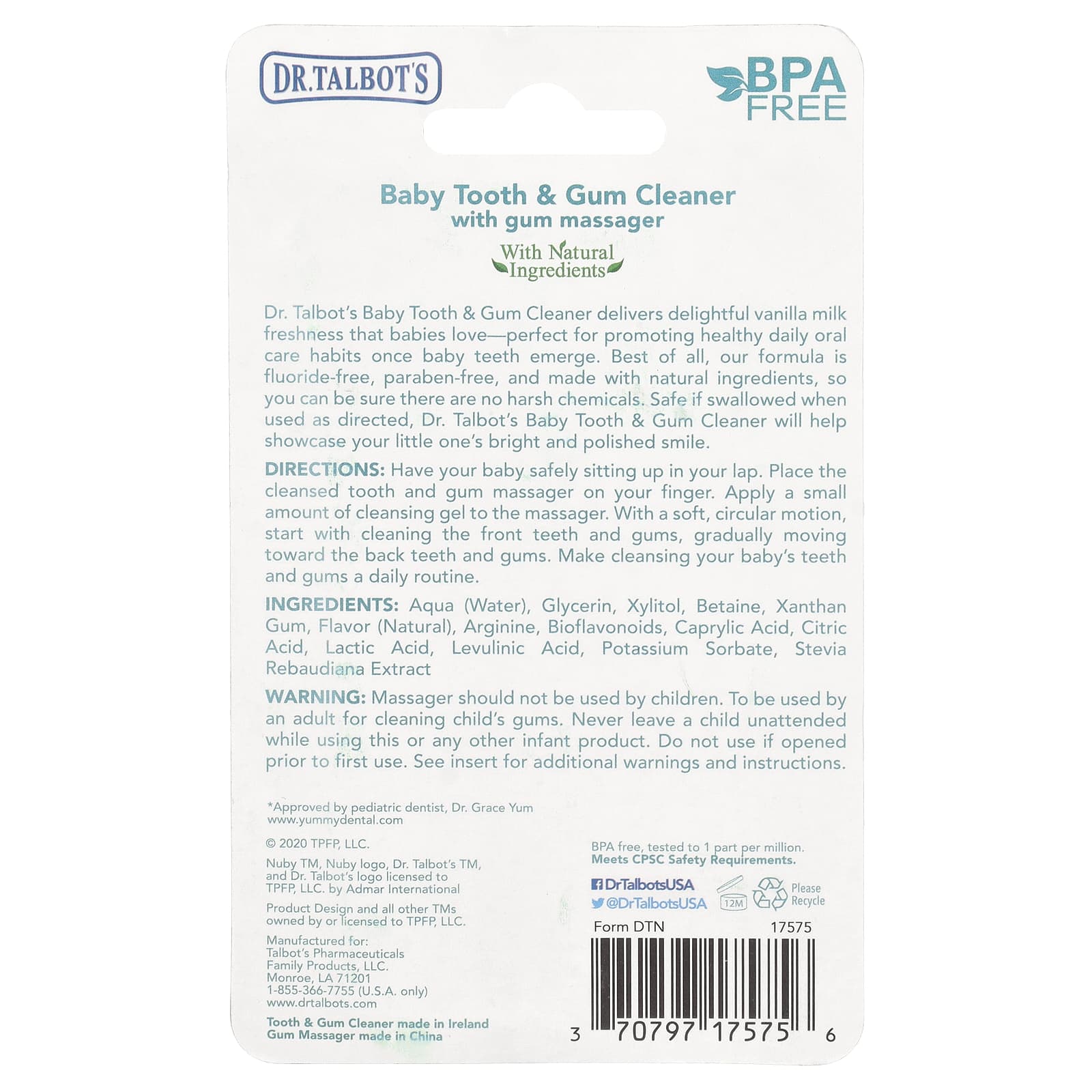 Dr. Talbot's, Baby Tooth & Gum Cleaner with Gum Massager, 0 m+, Vanilla ...