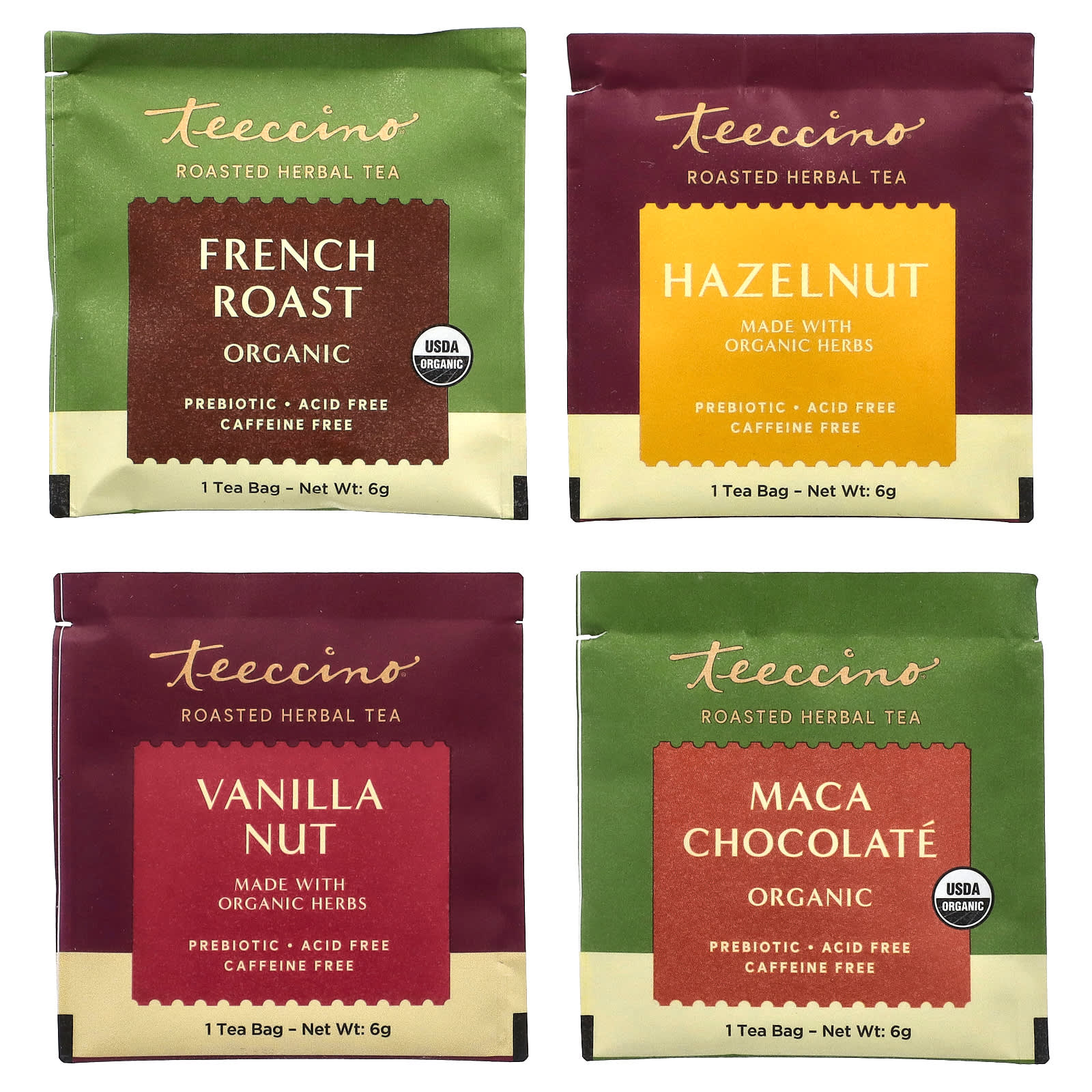 Teeccino, Roasted Herbal Tea Sampler, 4 Flavors, Caffeine Free, 12 Tea ...