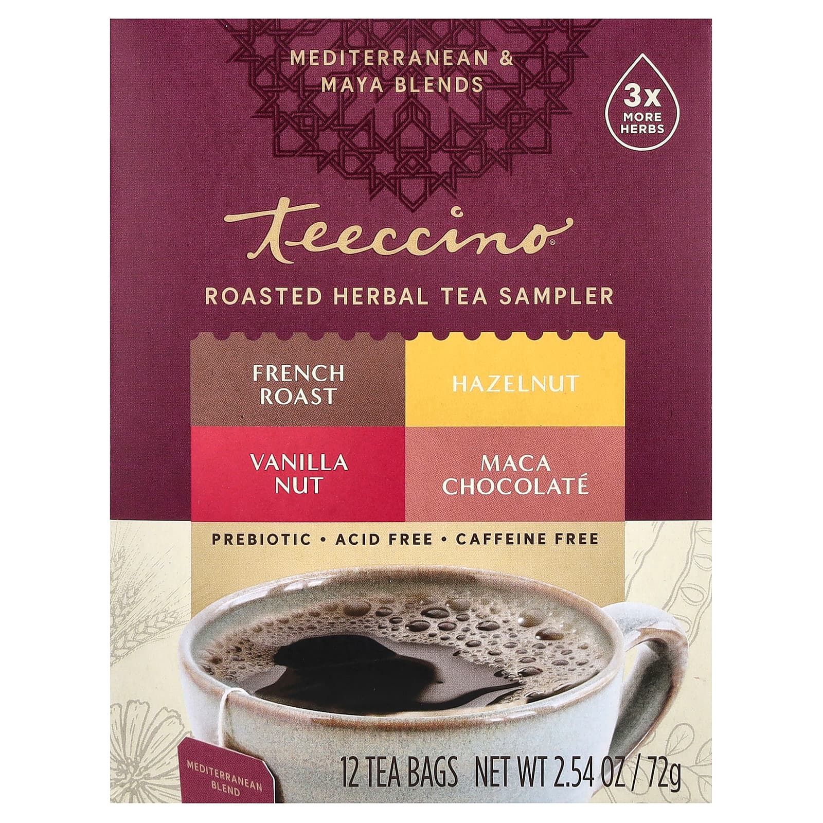 Teeccino, Roasted Herbal Tea Sampler, 4 Flavors, Caffeine Free, 12 Tea ...