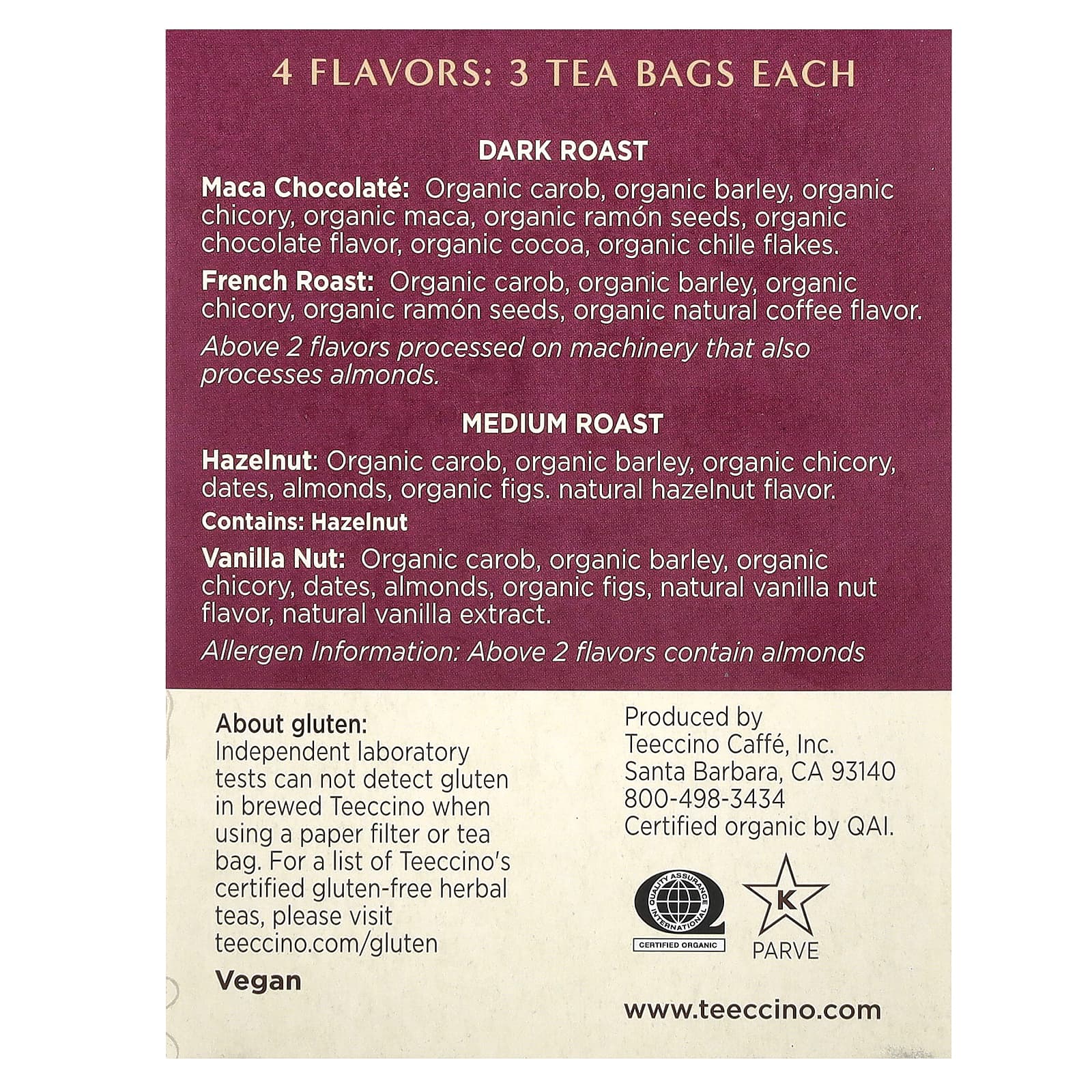 Teeccino, Roasted Herbal Tea Sampler, 4 Flavors, Caffeine Free, 12 Tea ...