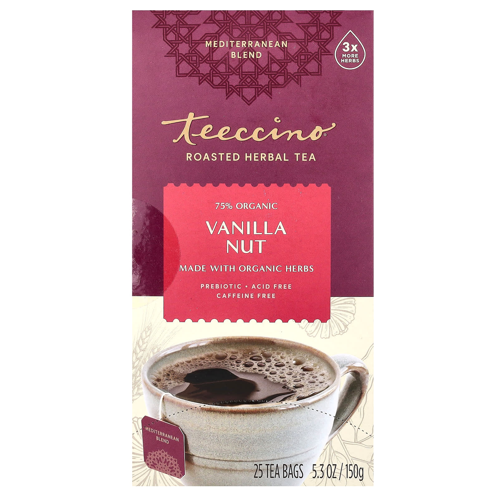 Teeccino, Roasted Herbal Tea, Vanilla Nut, Caffeine Free, 25 Tea Bags ...