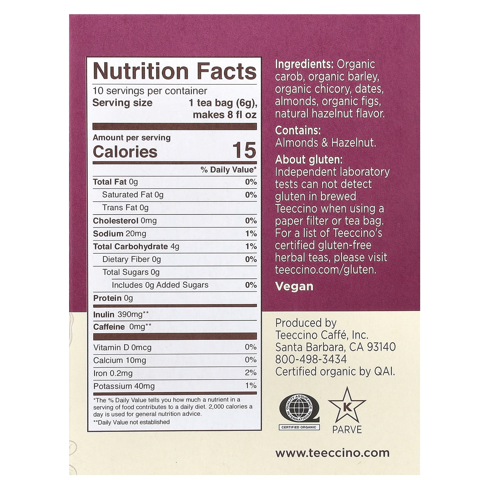 Teeccino, Roasted Herbal Tea, Hazelnut, Caffeine Free, 10 Tea Bags, 2. ...