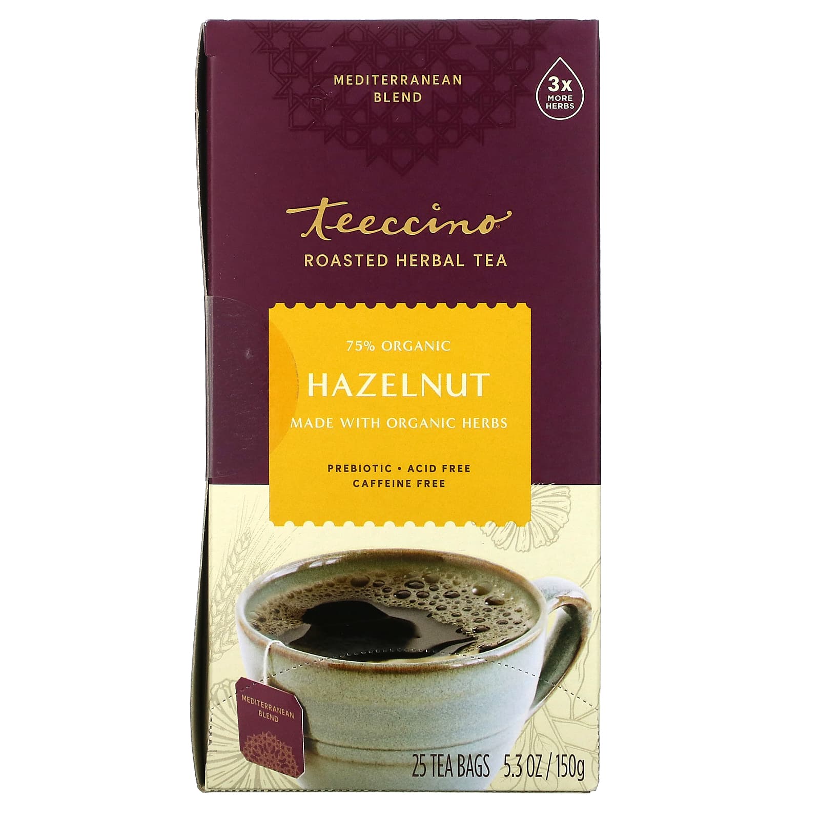 Teeccino, Roasted Herbal Tea, Hazelnut, Caffeine Free, 25 Tea Bags, 5.3 ...
